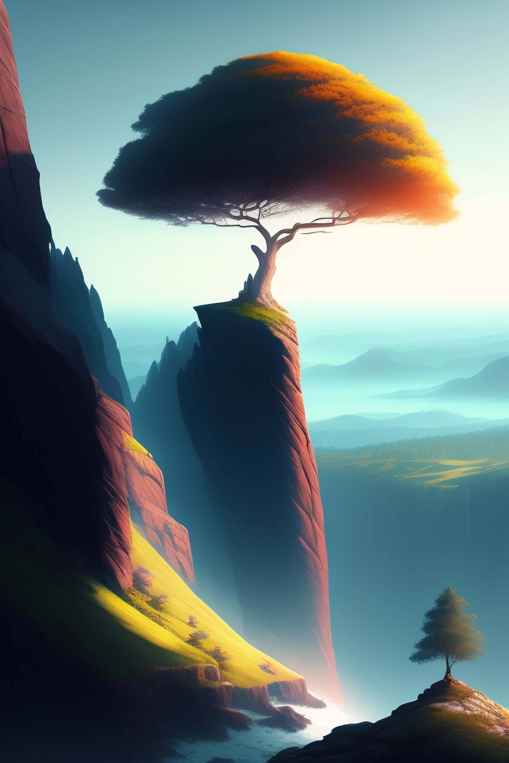Lexica - A lone tree on the edge of a cliff overlooking a vast abyss ...