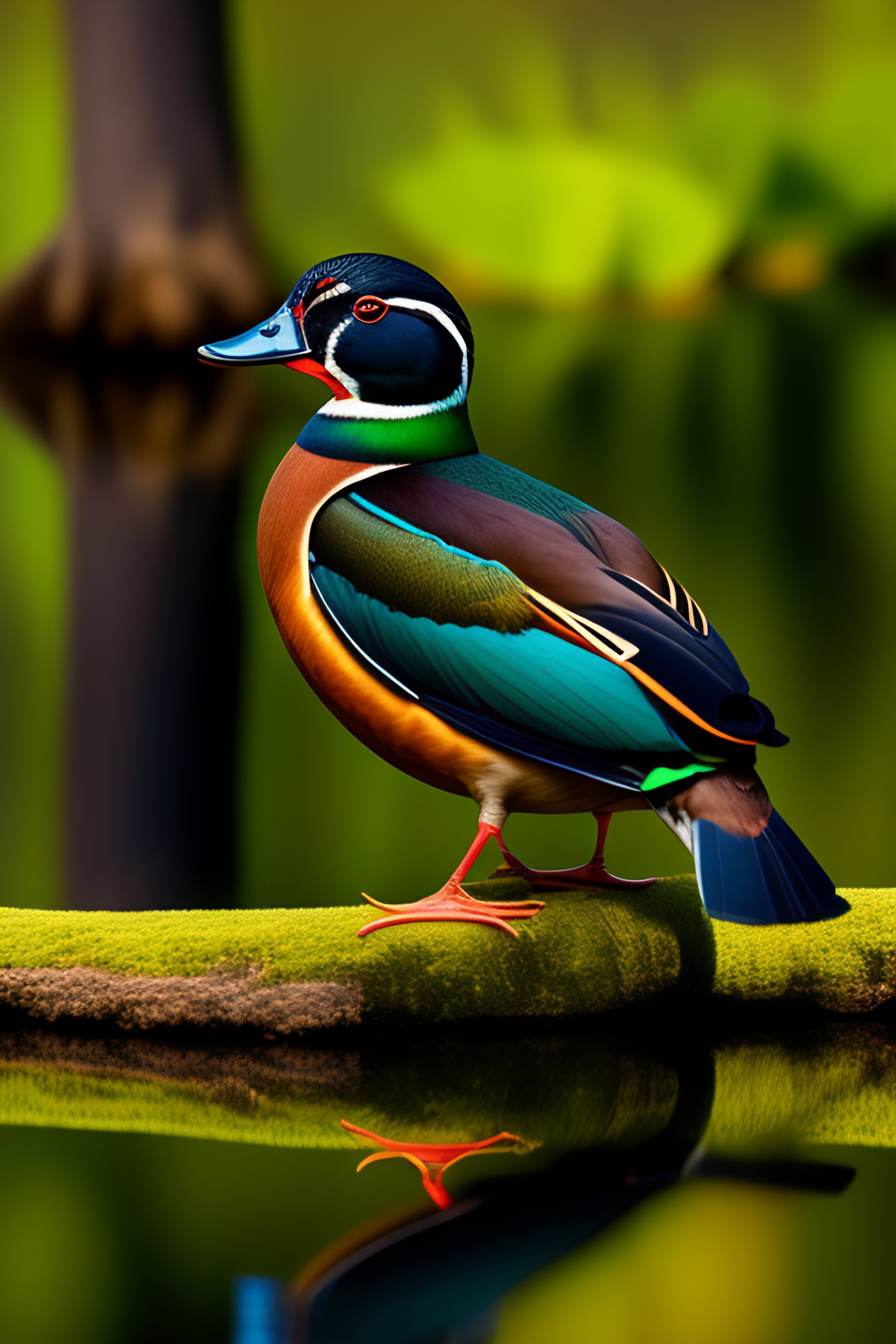 Lexica - Beautiful wood duck sitting on branch in pond