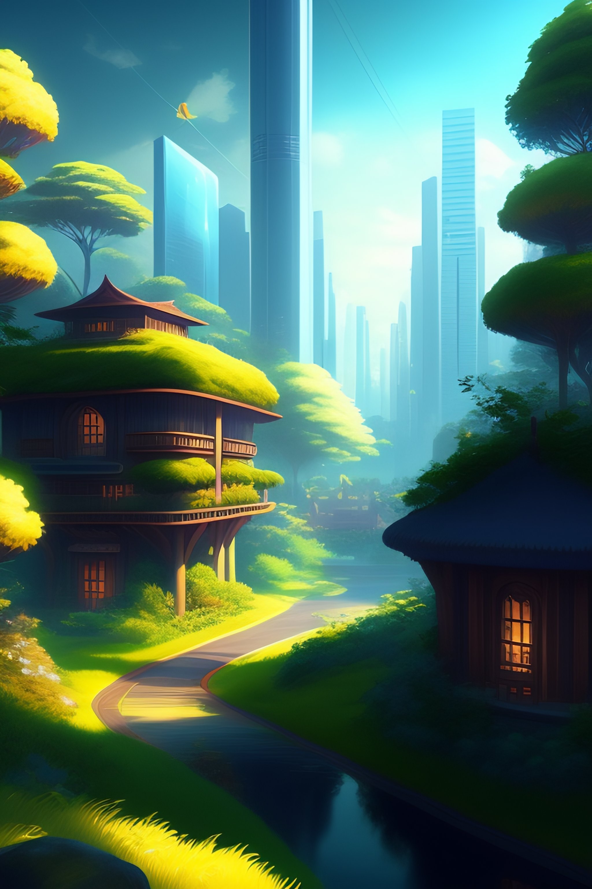 Lexica - Stunning urban city residential street, solar, lush, forest ...