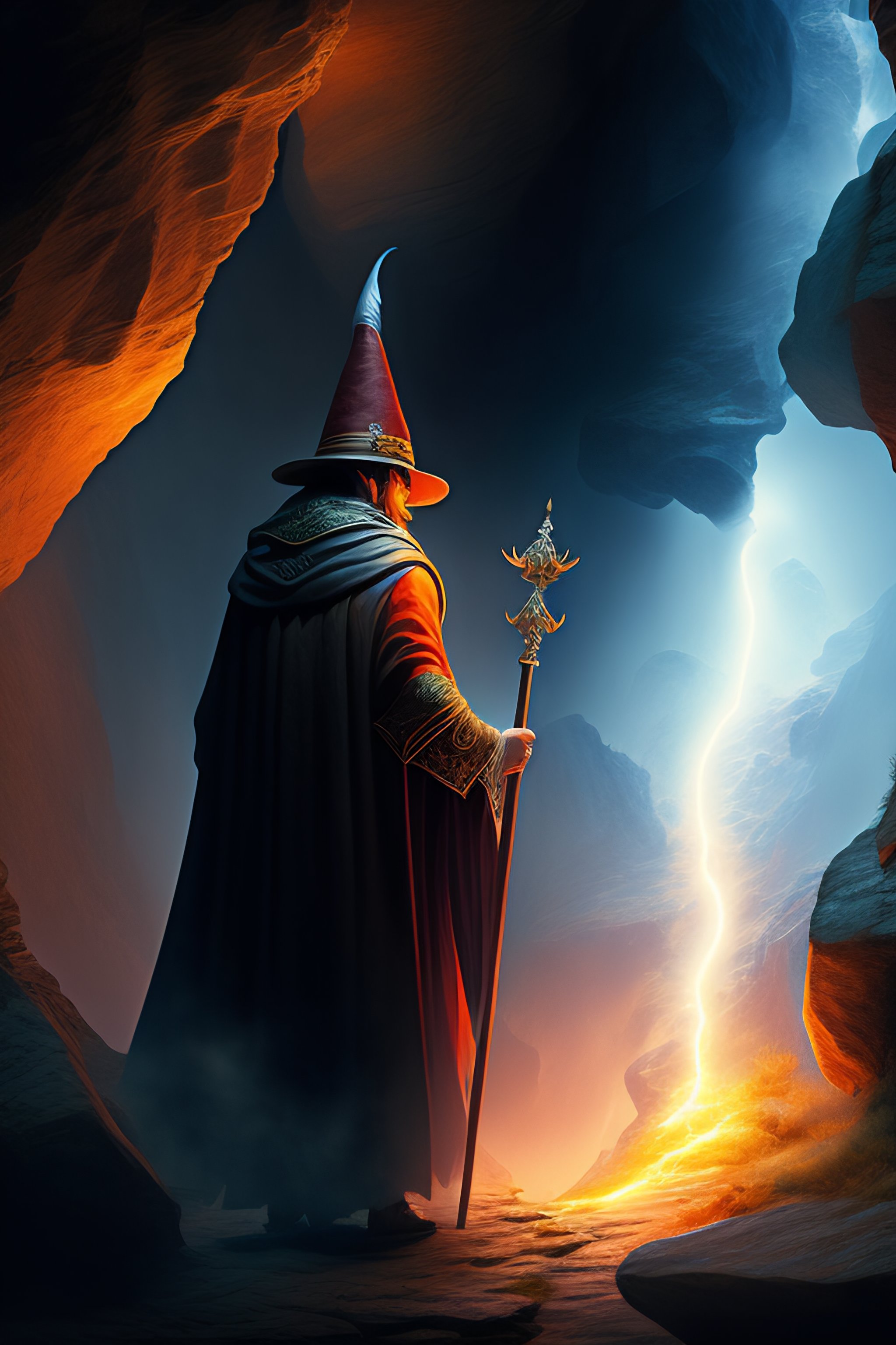 Lexica - Wizard with a staff inside a cave, dramatic lightning, hd ...