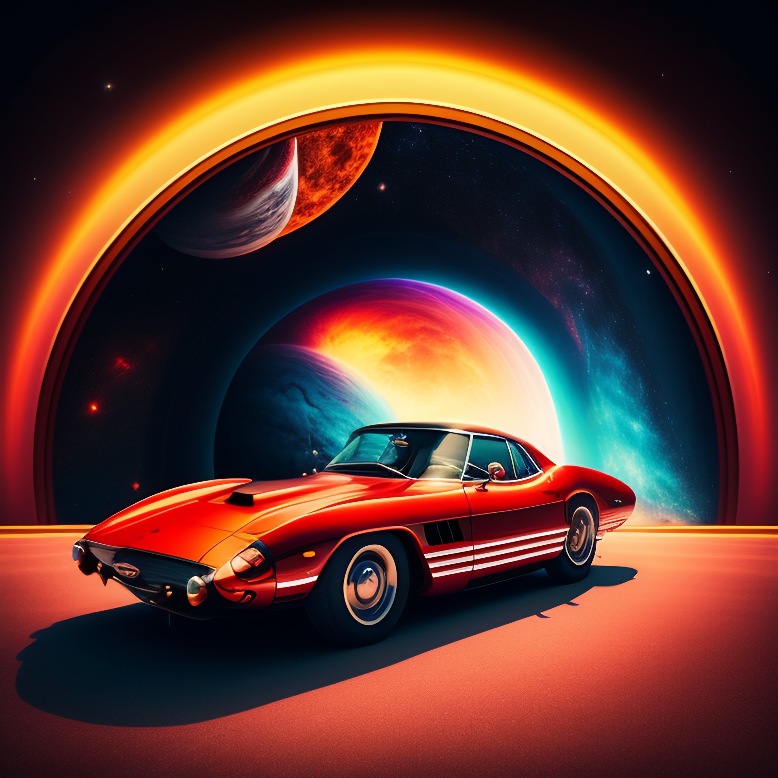 Lexica - Vintage red supercar driving down a narrow road in the middle ...