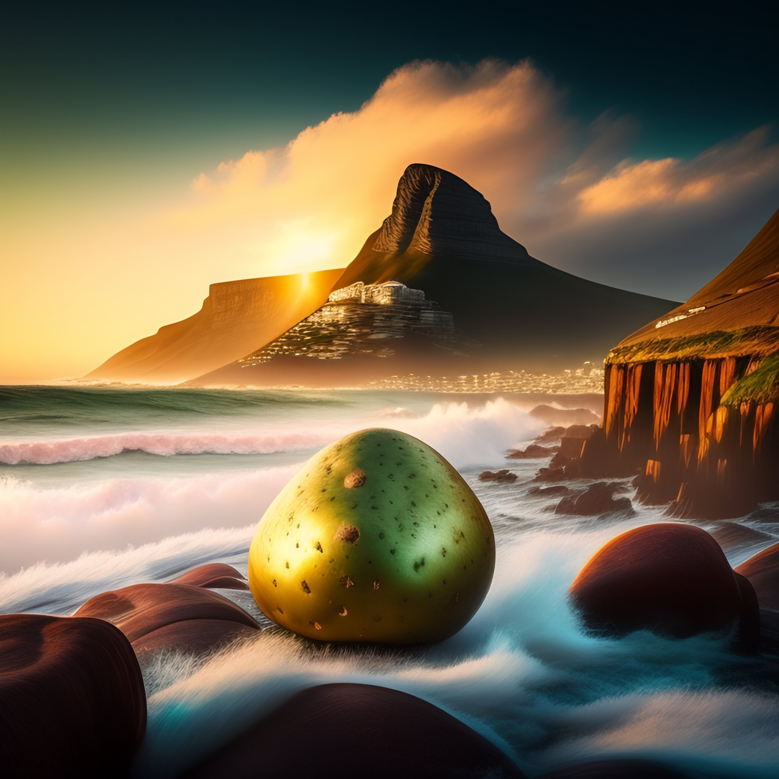 Lexica - Imagine a living potato standing atop a windswept cliff in ...