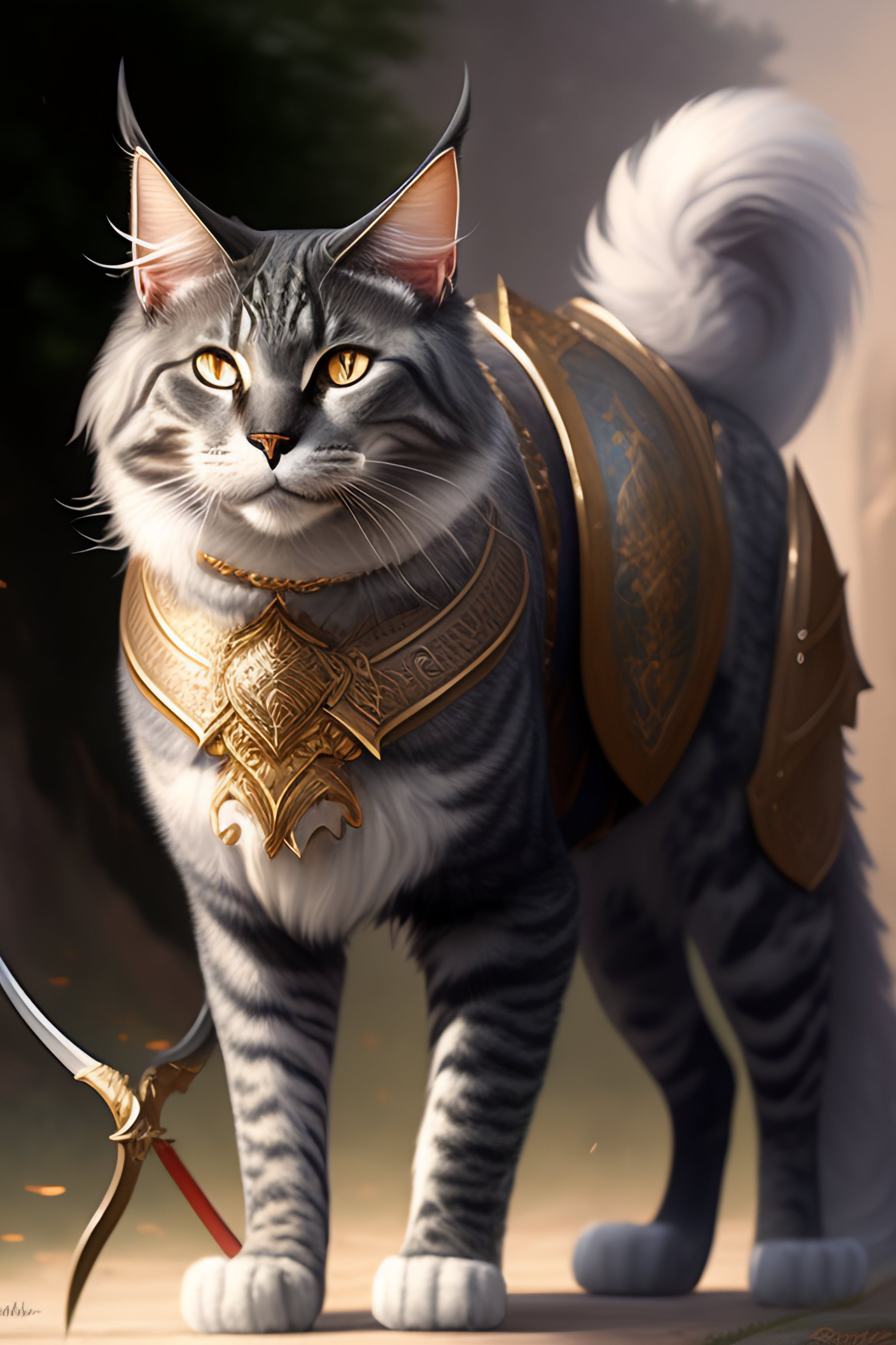 Lexica - A detailed full length of grey mainecoon cat in armor with ...