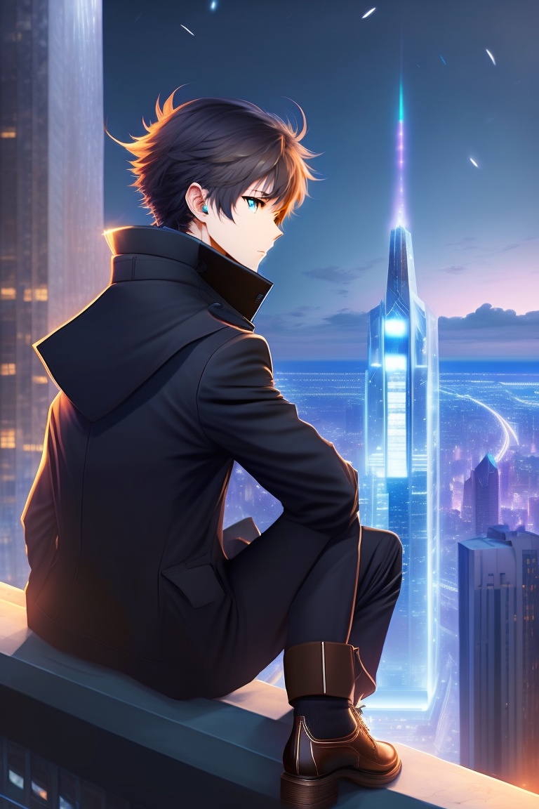 Lexica - Anime boy on top of a skyscraper sitting , wearing black ...