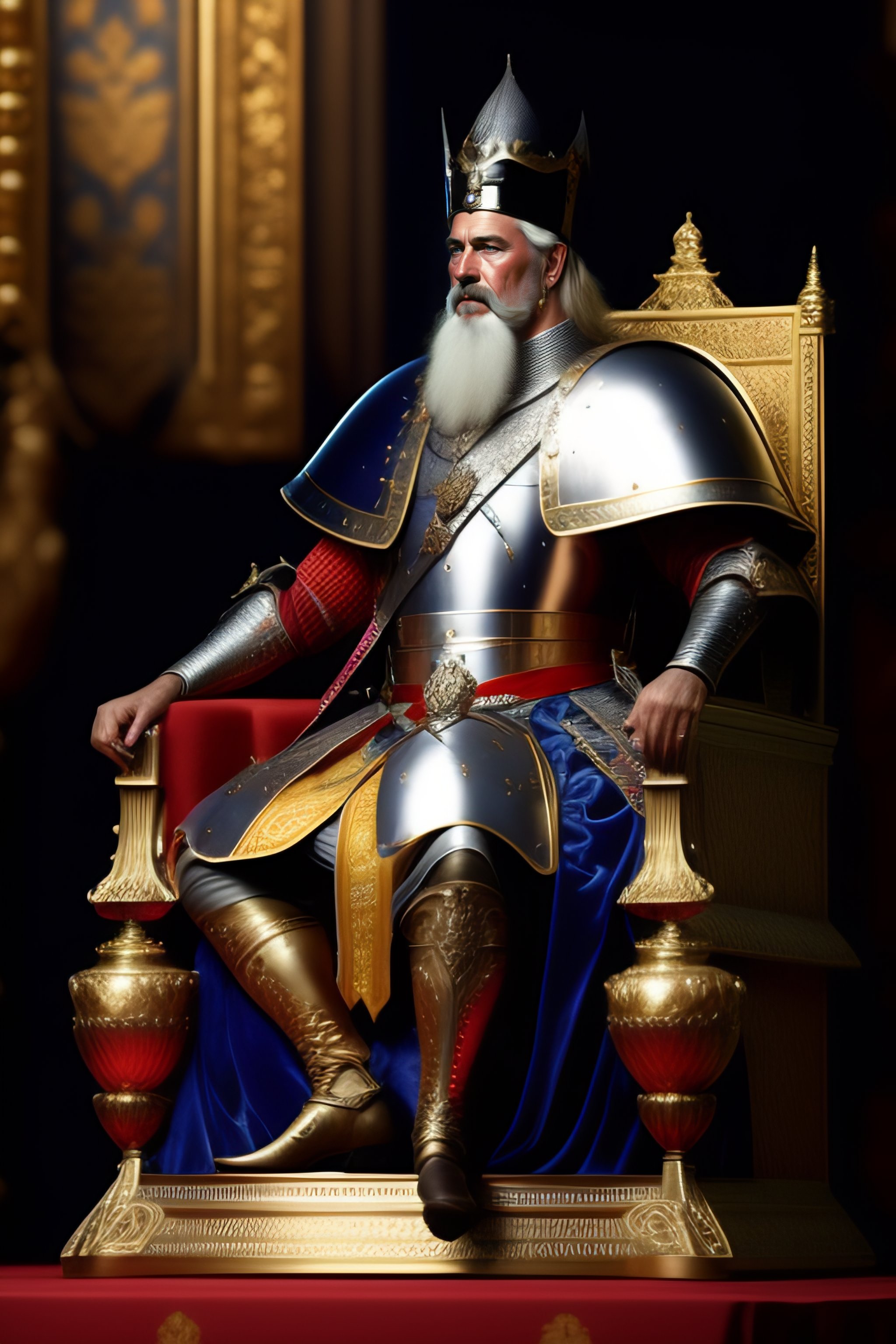 Lexica - A medieval baron in silver armor sitting on a throne