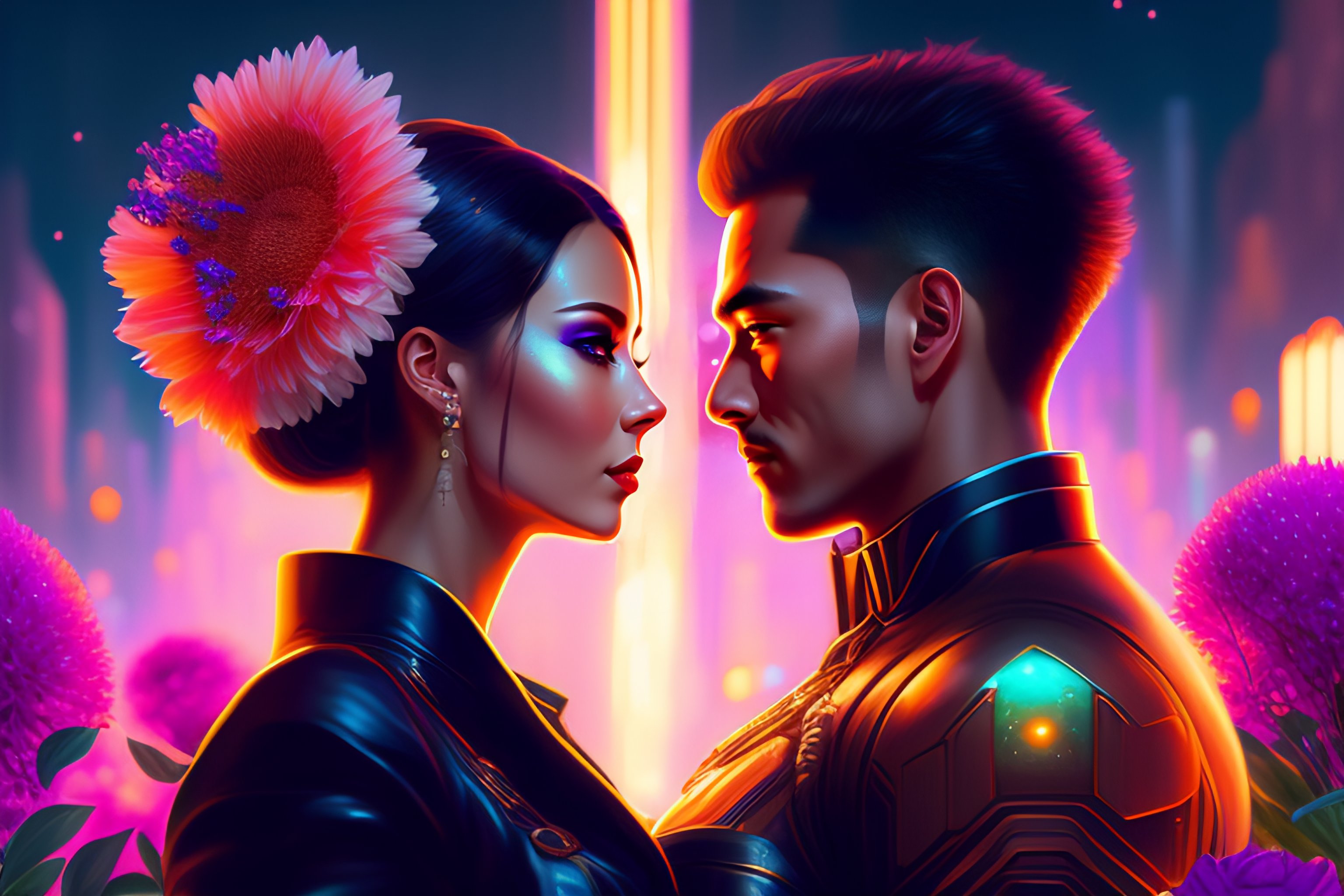 Lexica - An android man gives a bouquet of flowers to a beautiful human ...