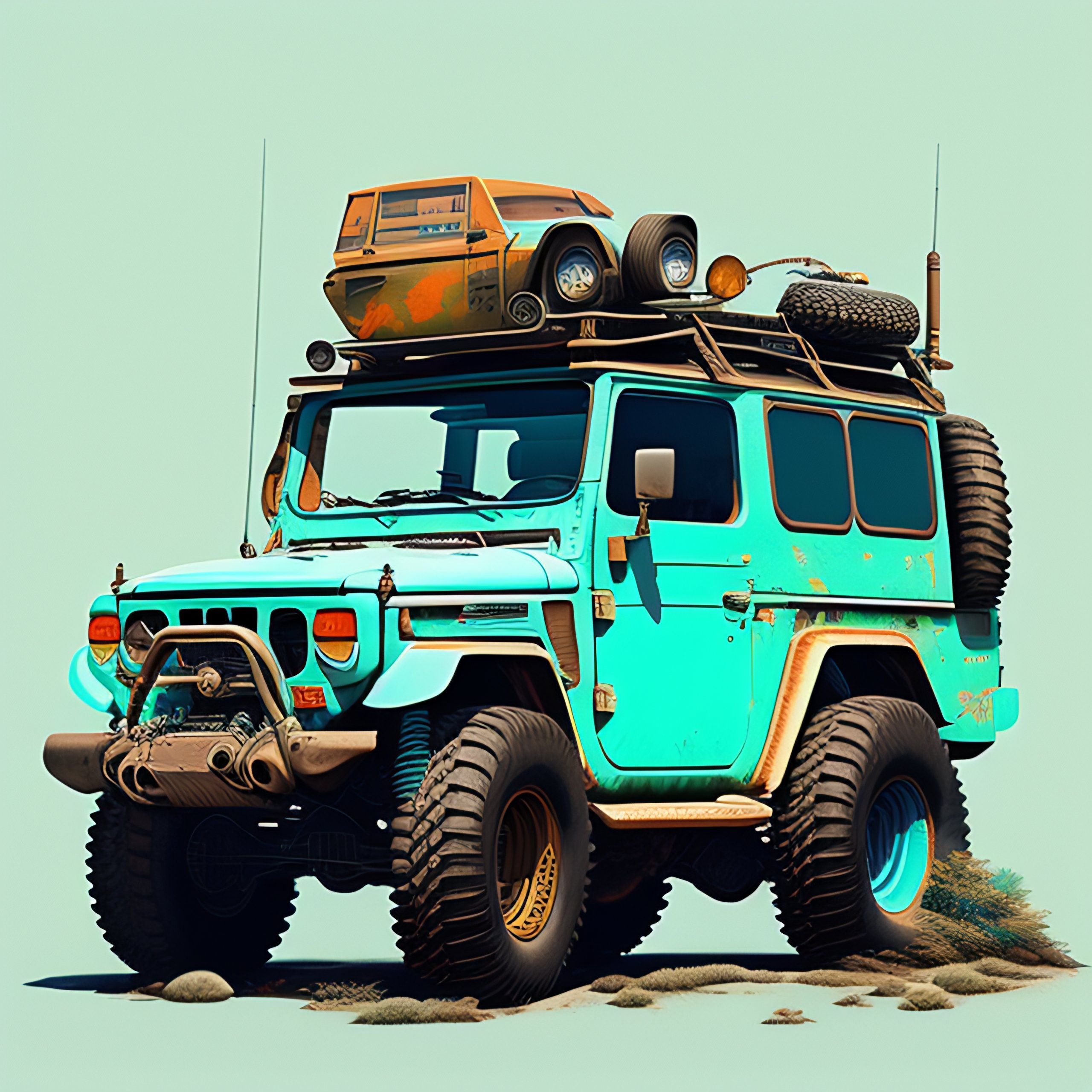 Lexica - Digital illustration of a faded cyan mad max's fj 4 0 decrepit ...