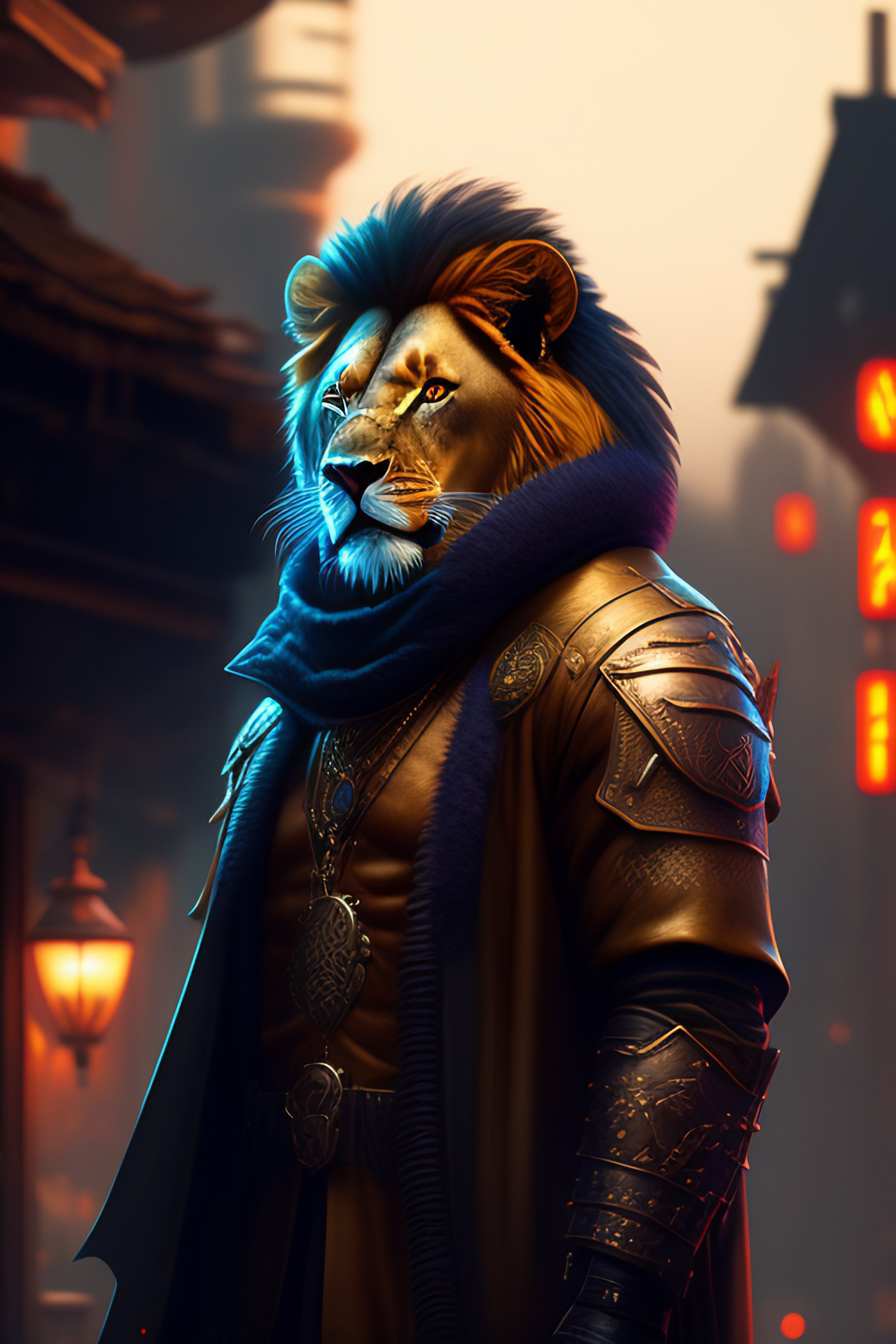 Lexica - Ronin lion entering a cyberpunk saloon