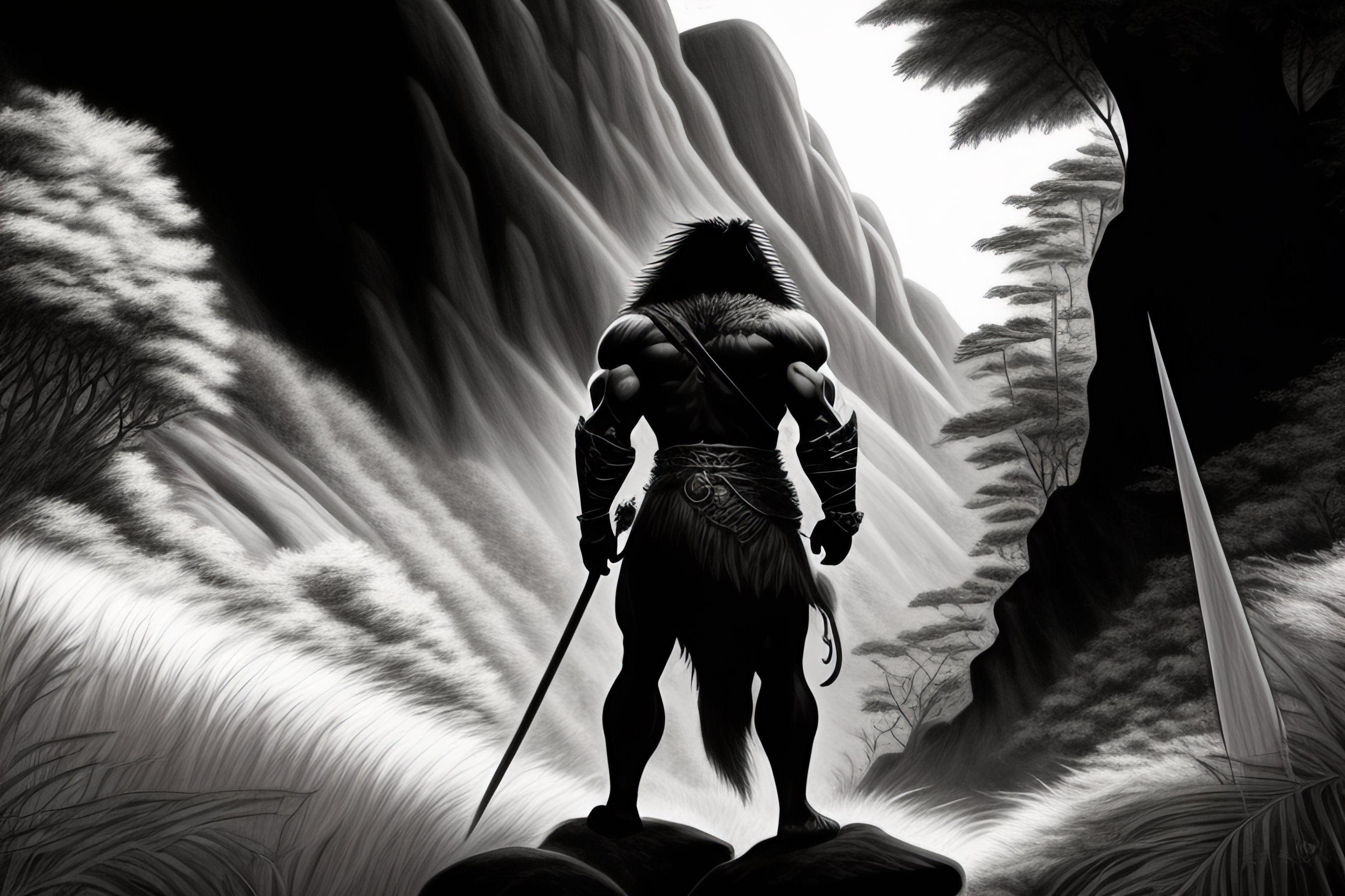 Lexica - Landscape drawing of a lean caveman with a spear standing in ...