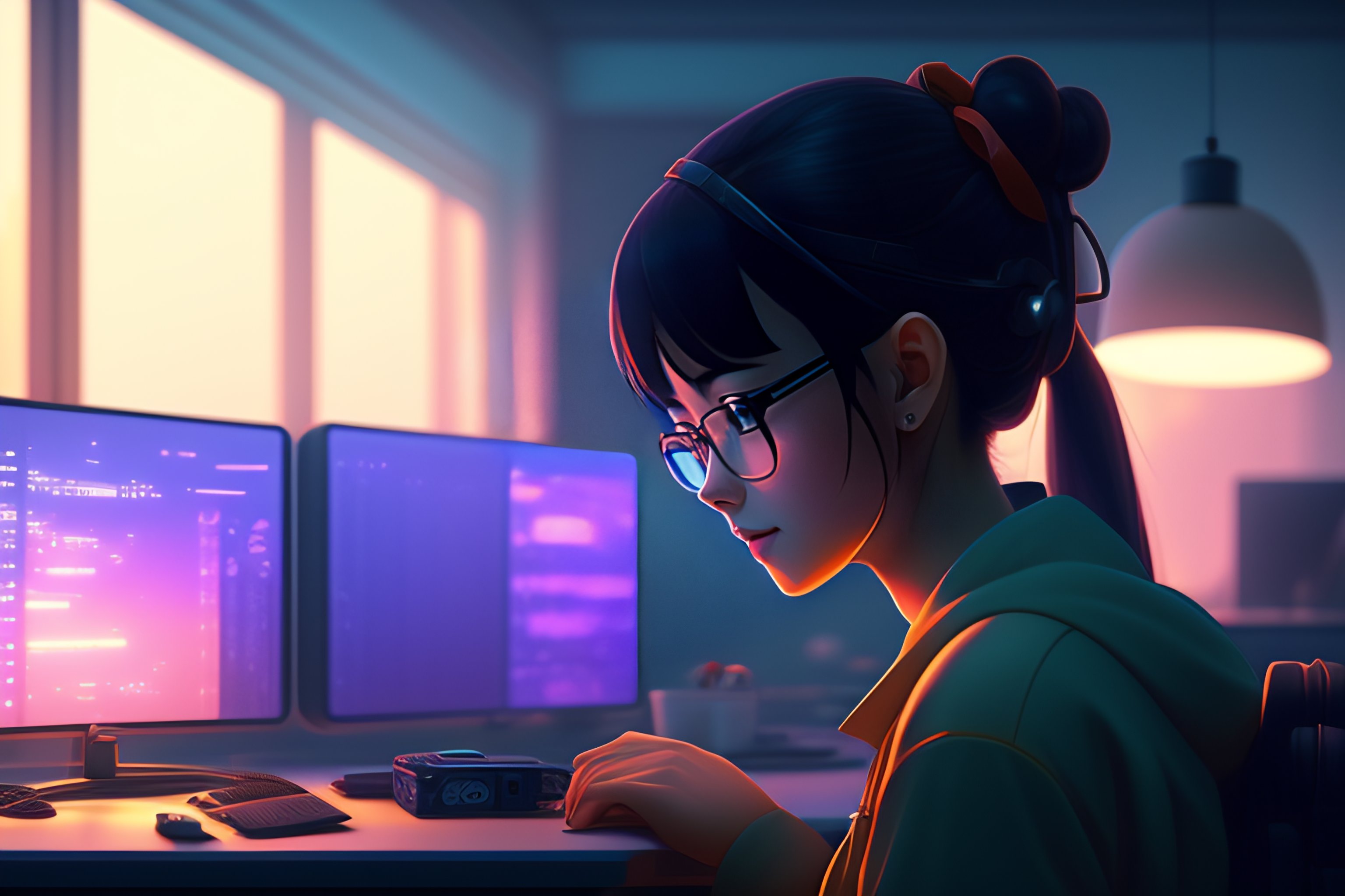 Lexica - A nerdy girl is programming at a computer in a room full of ...