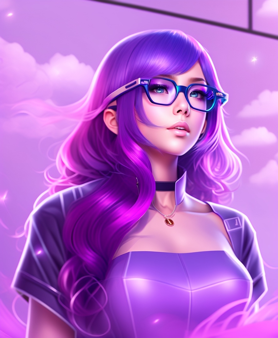 Lexica - Anime, female, high contrast purple hair pink glasses photo ...