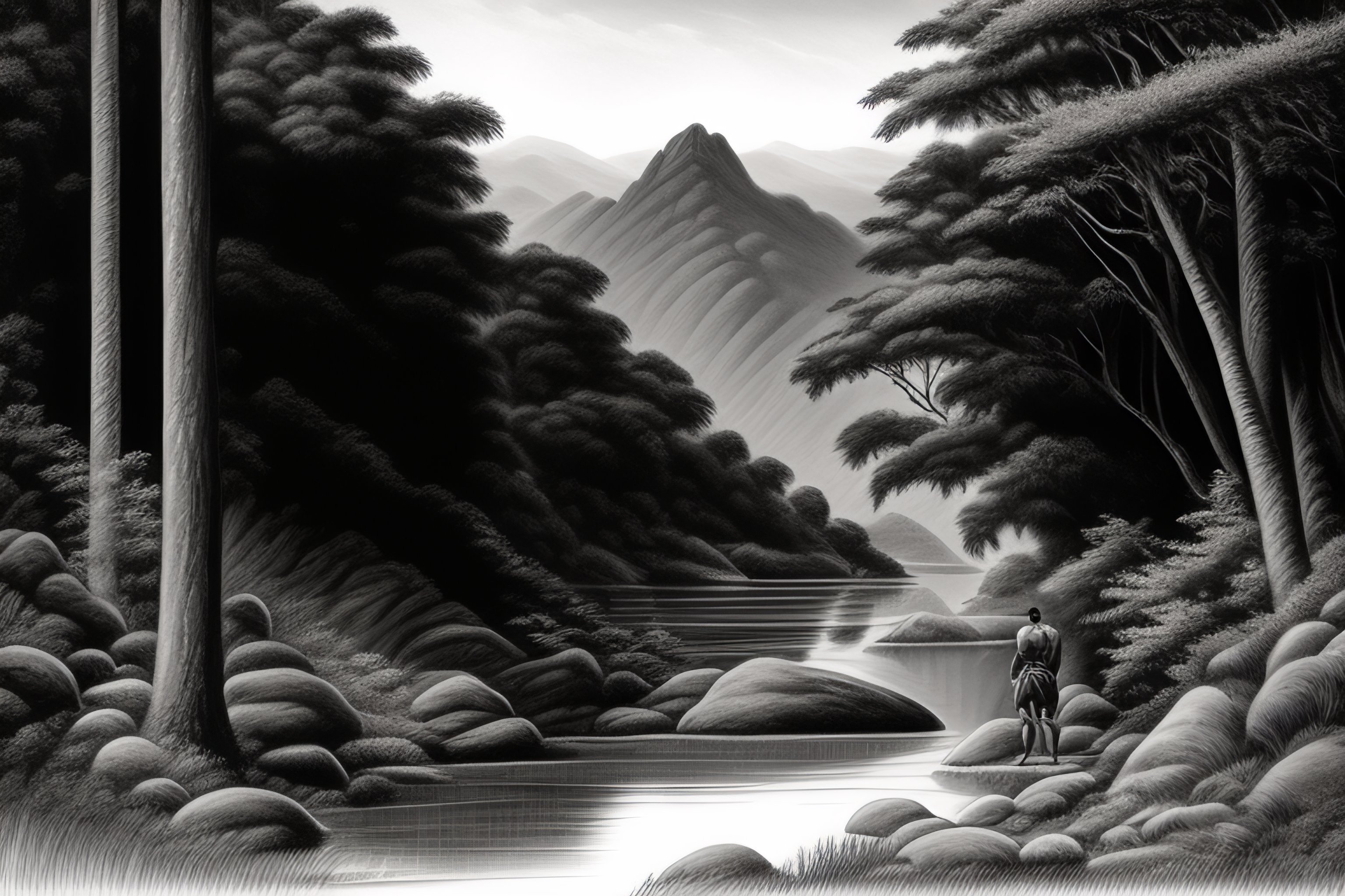 Lexica - Landscape drawing of a muscular caveman with a spear standing ...