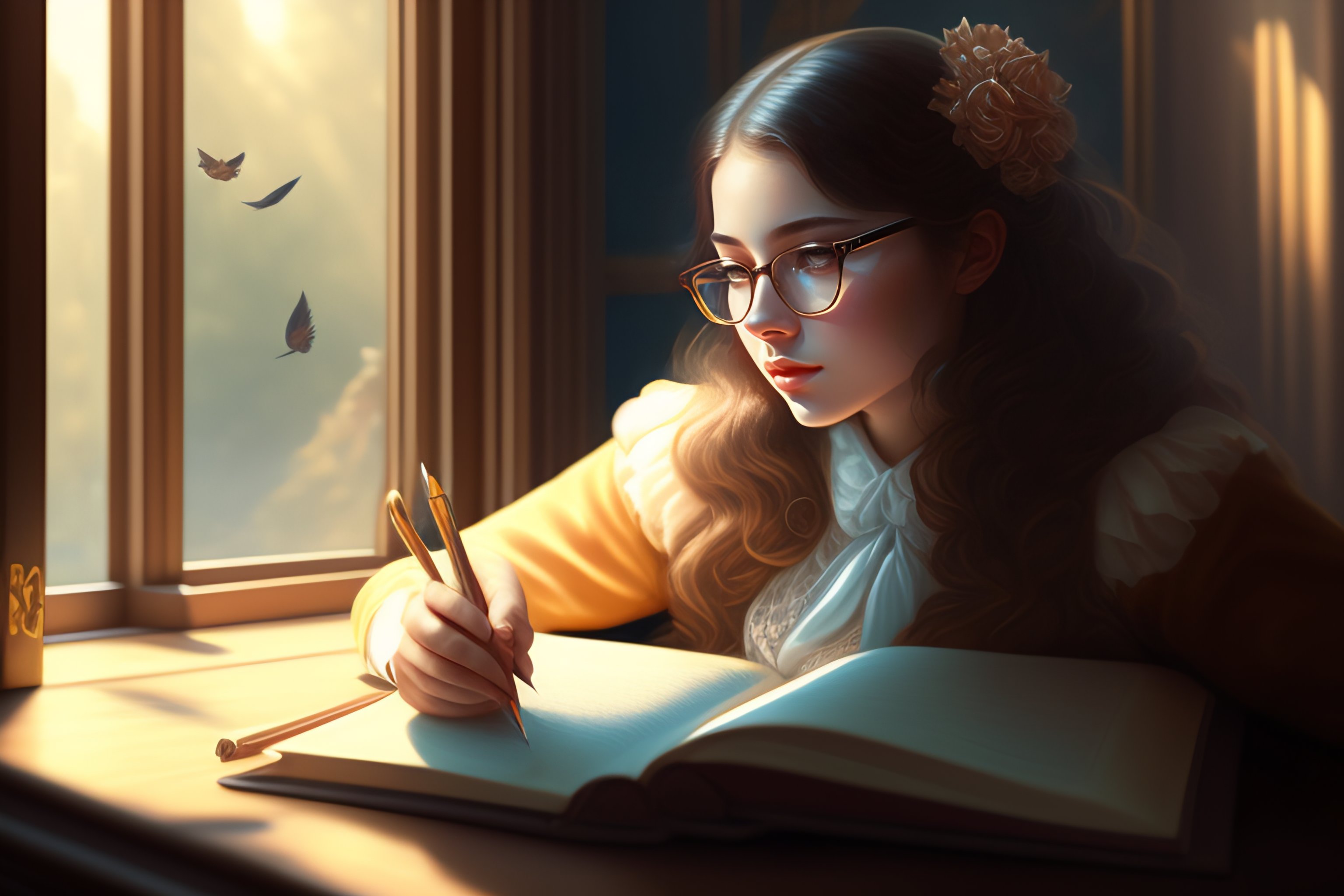 Lexica - Young female writer, writing a novel, glasses, rococo ...