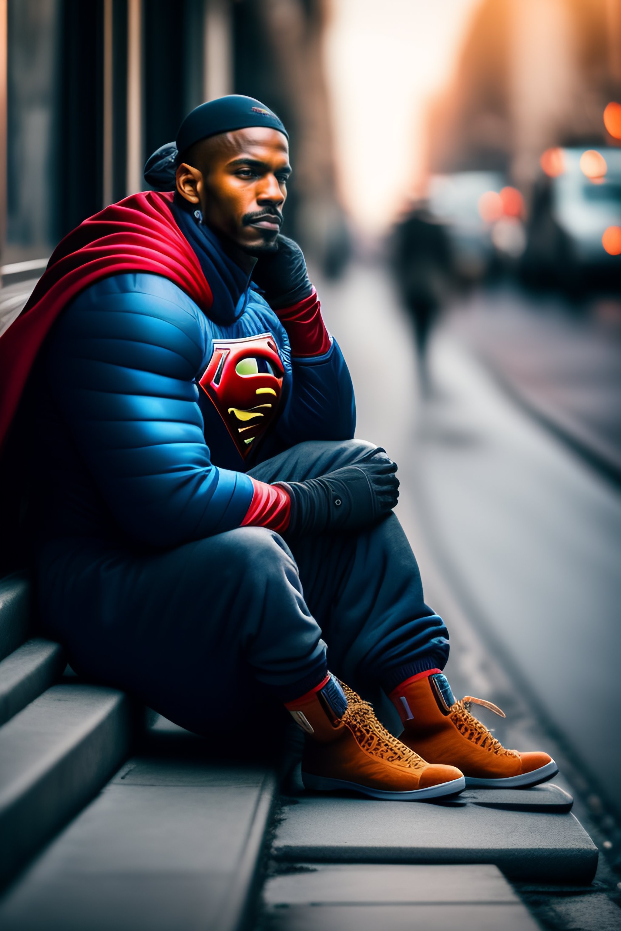 Lexica - Homeless person sitting on the street that looks like superman ...