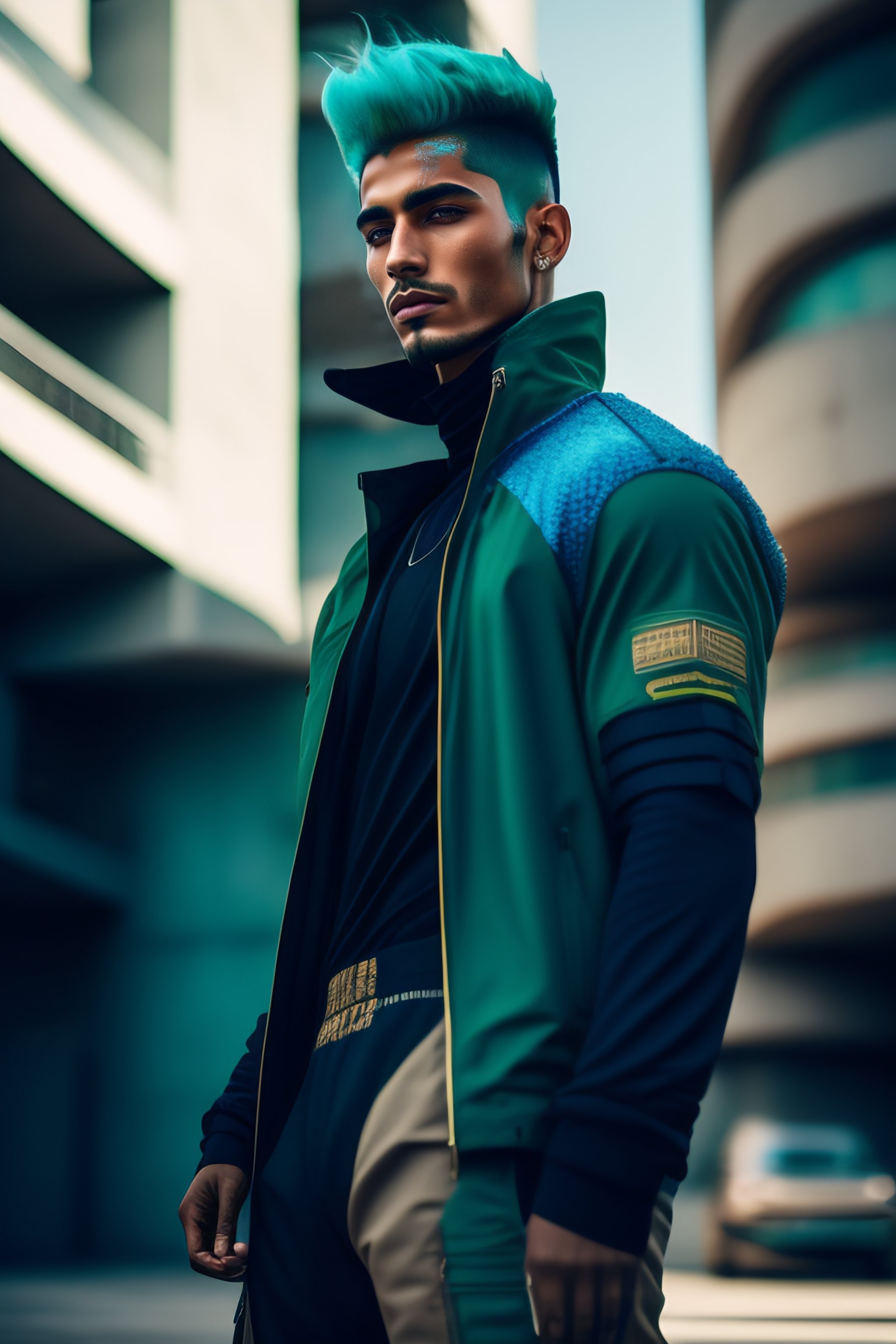 Lexica - Portrait of beautiful arab cyberpunk male V with blue green ...