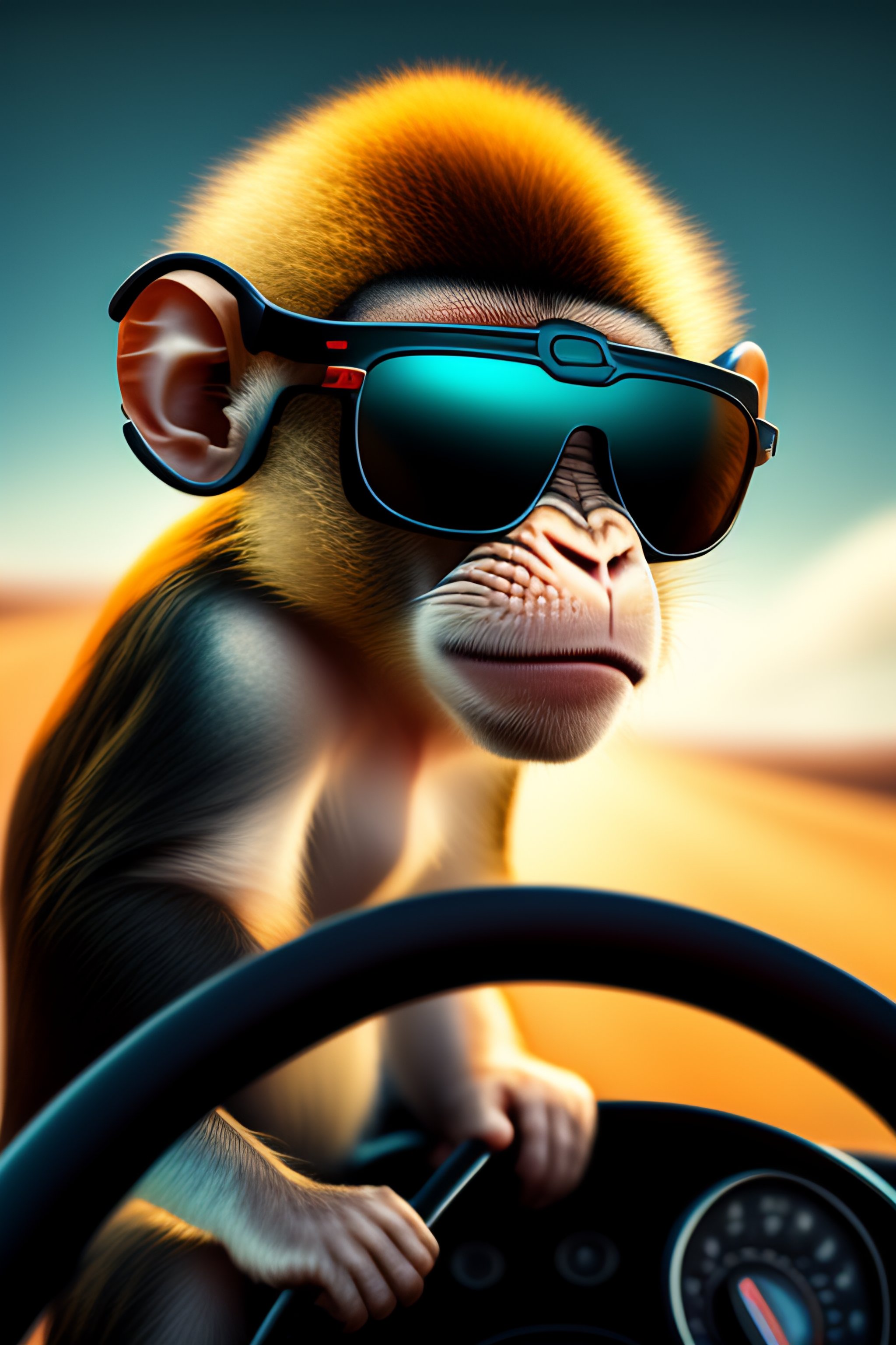 Lexica - Style monkey head with racing glasses with a steering wheel in ...