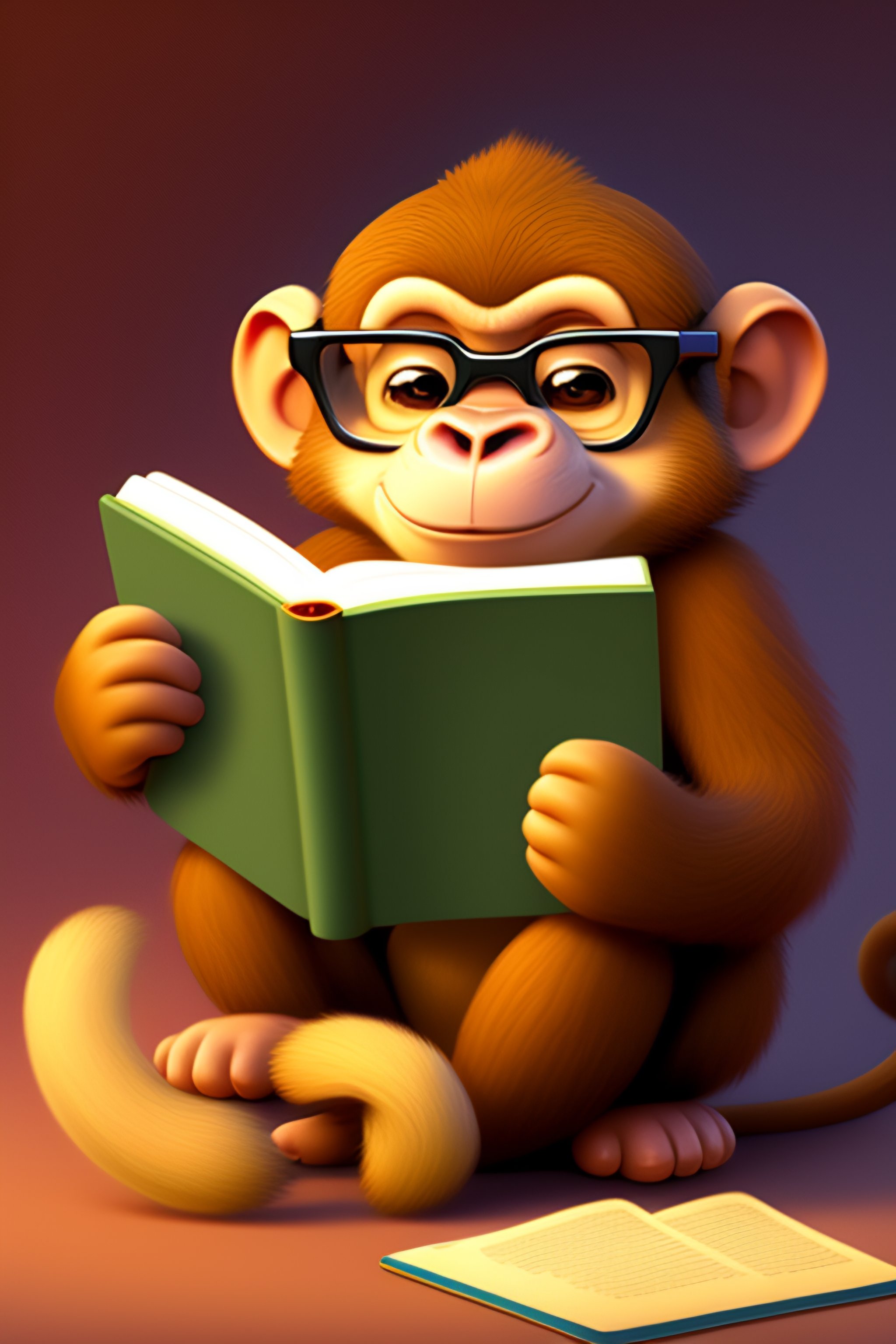 Lexica - Pixar art of a funny smiling monkey reading a book with glasses