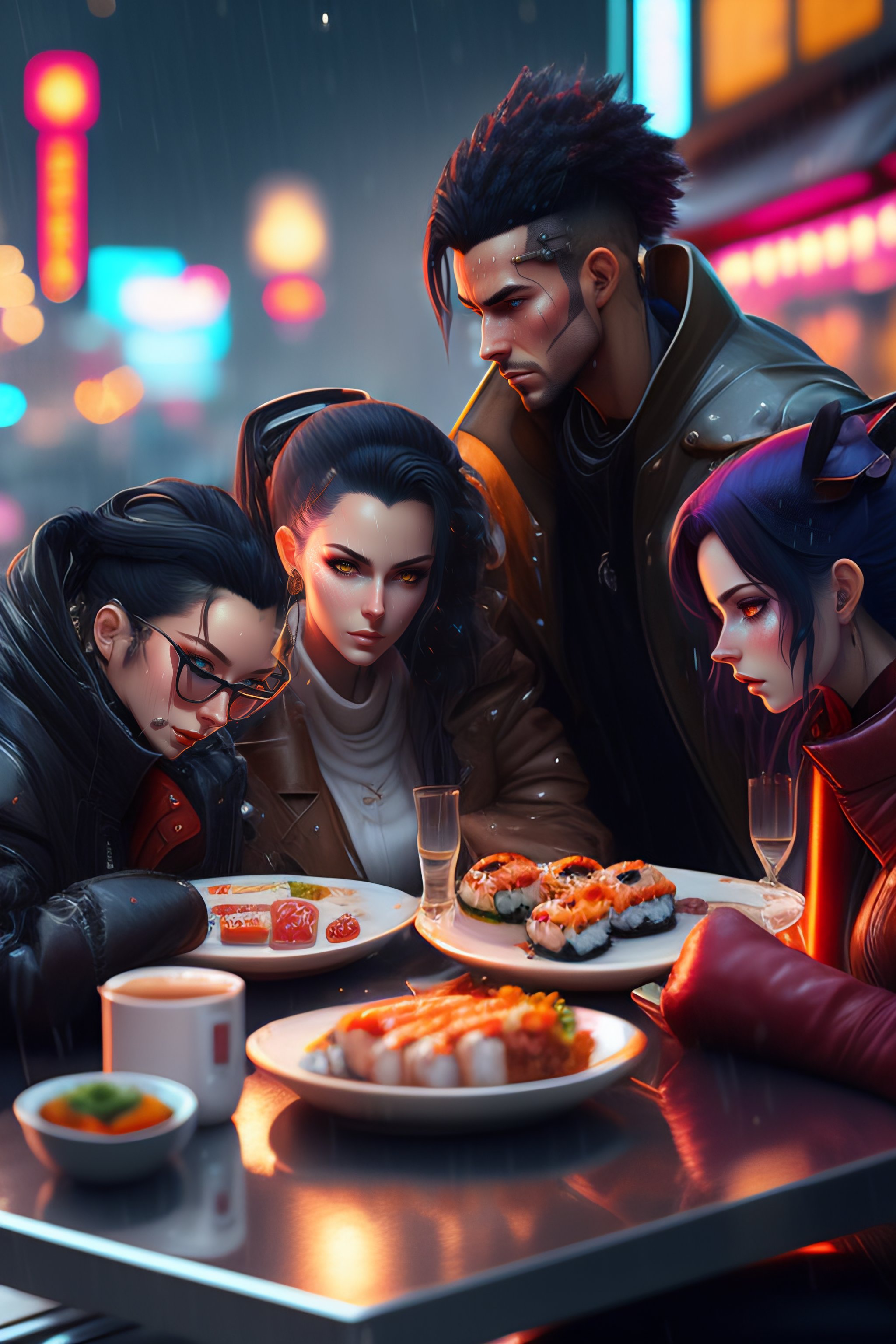 Lexica - A group of cyberpunk cyborg eating sushi on a table outside in ...