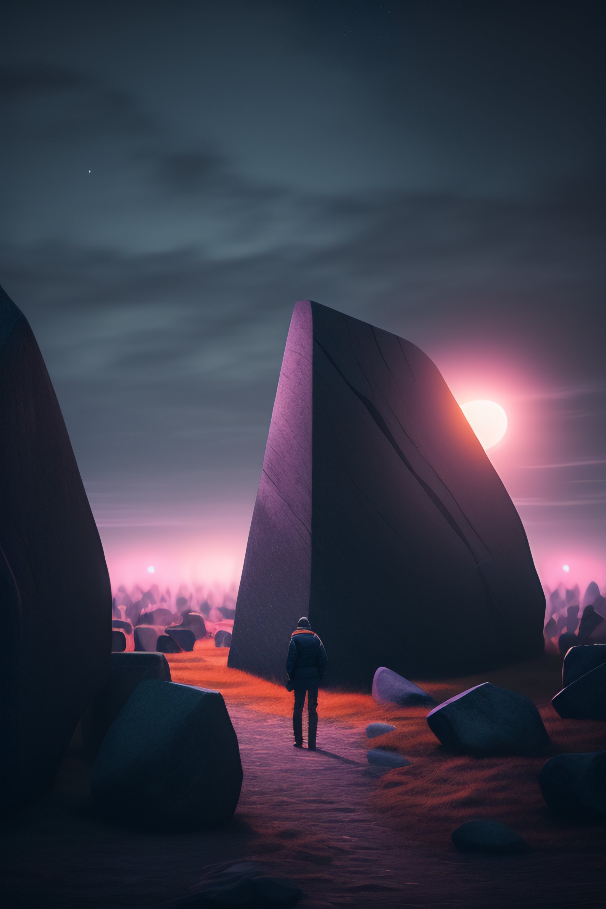 Lexica - Man crawls between a monumental set of granite monoliths, vast ...