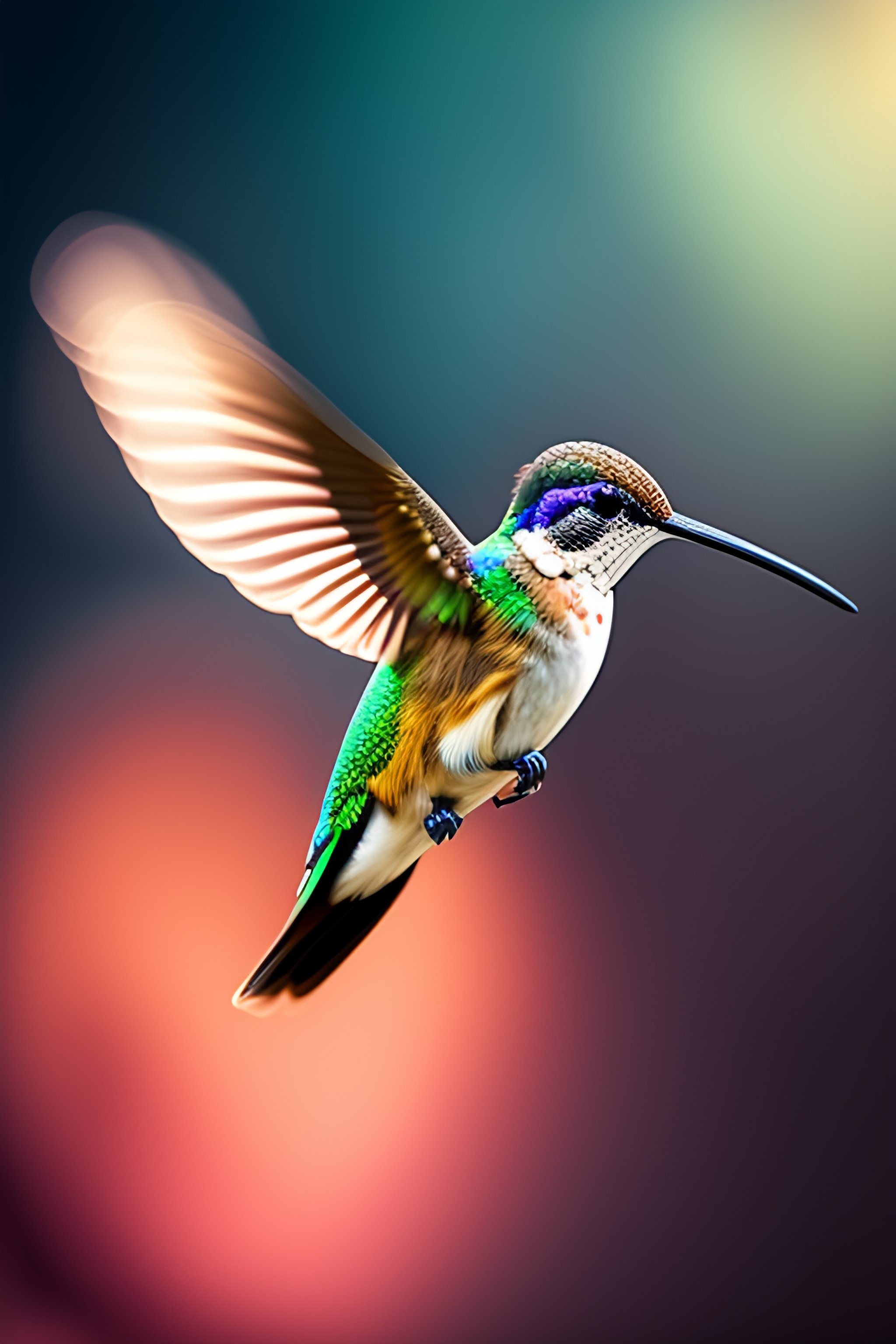 Lexica - Realistic photo of a hummingbird in the air flying, blurred ...