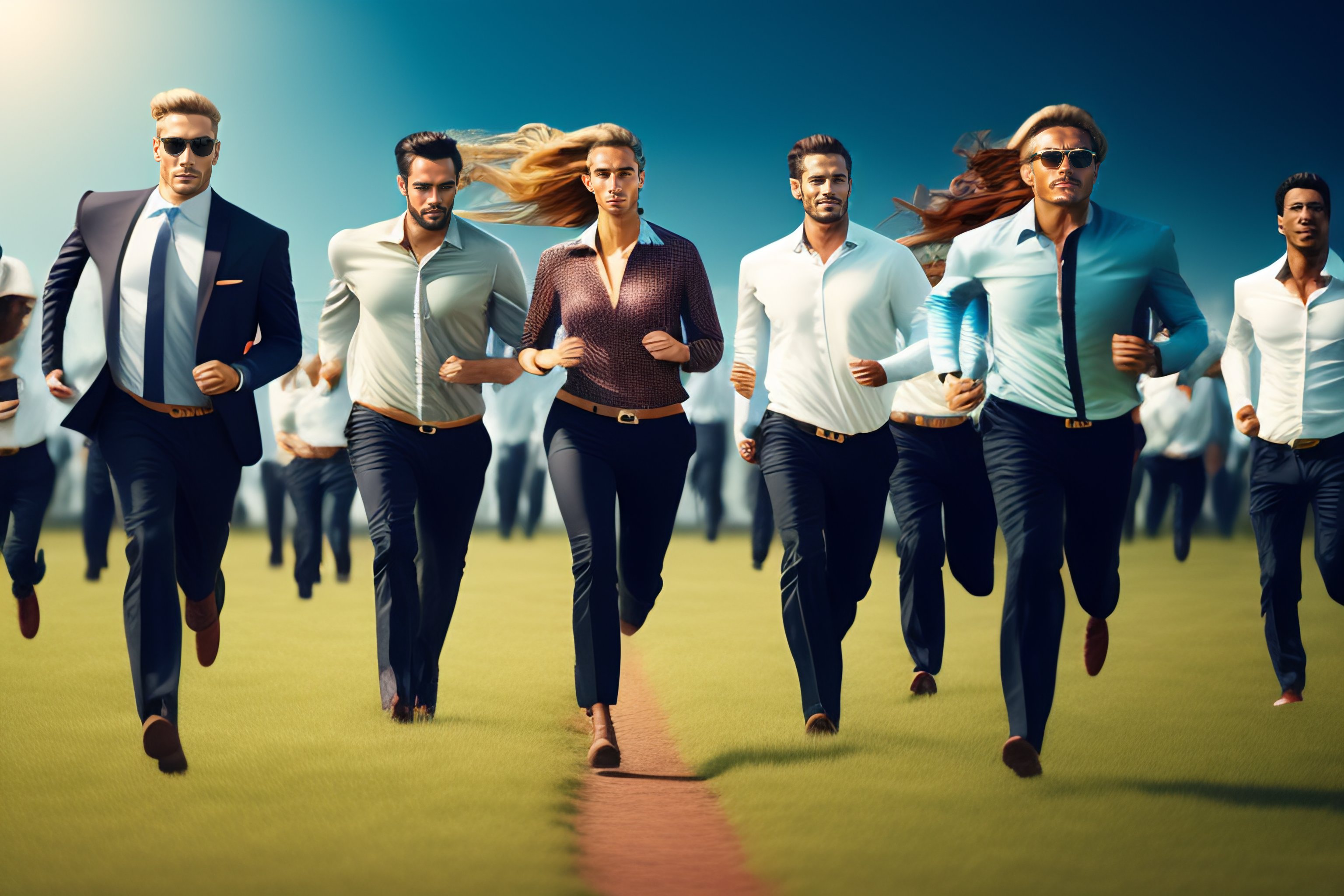 Lexica - Background full of men and wome chasing, front view, grass ...