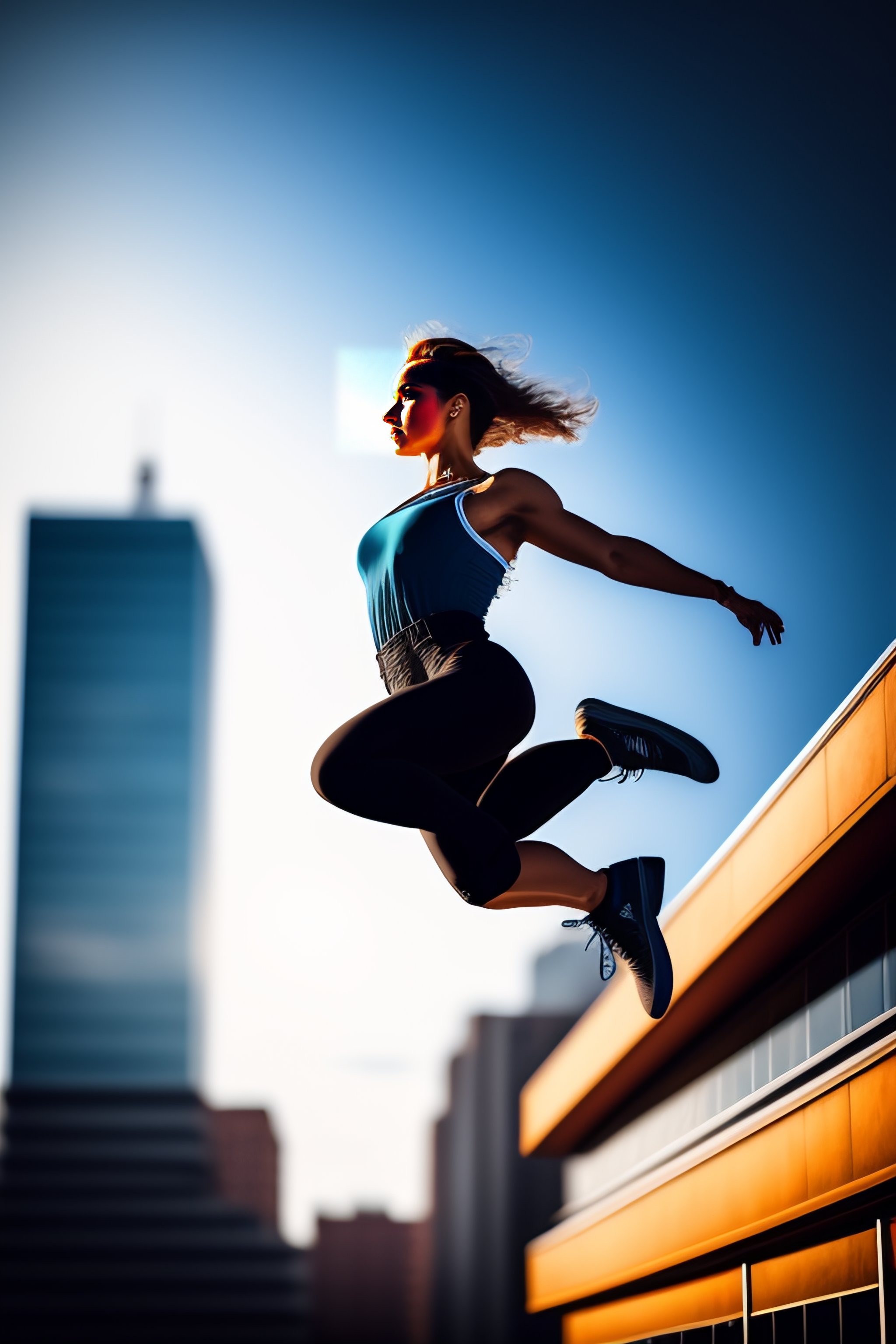 Lexica - Extreme low angle shot of a dancer jumping on a rooftop