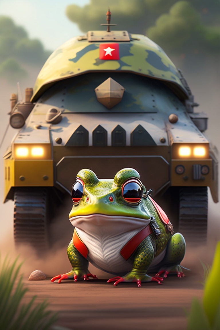 Lexica - A frog wears a military uniform, drives a tank with a bazooka ...