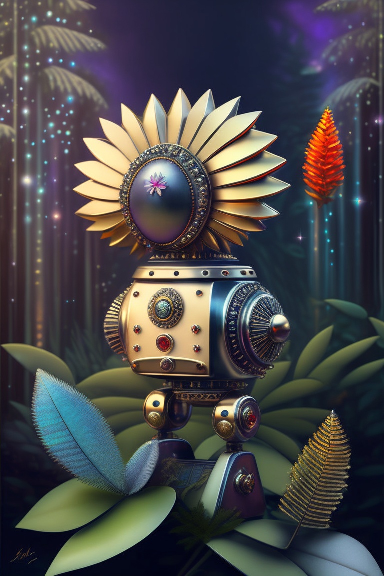 Lexica - Magic trippy silver 1950;s spiked robot with attitude, jewel encrusted spiked flowers ...