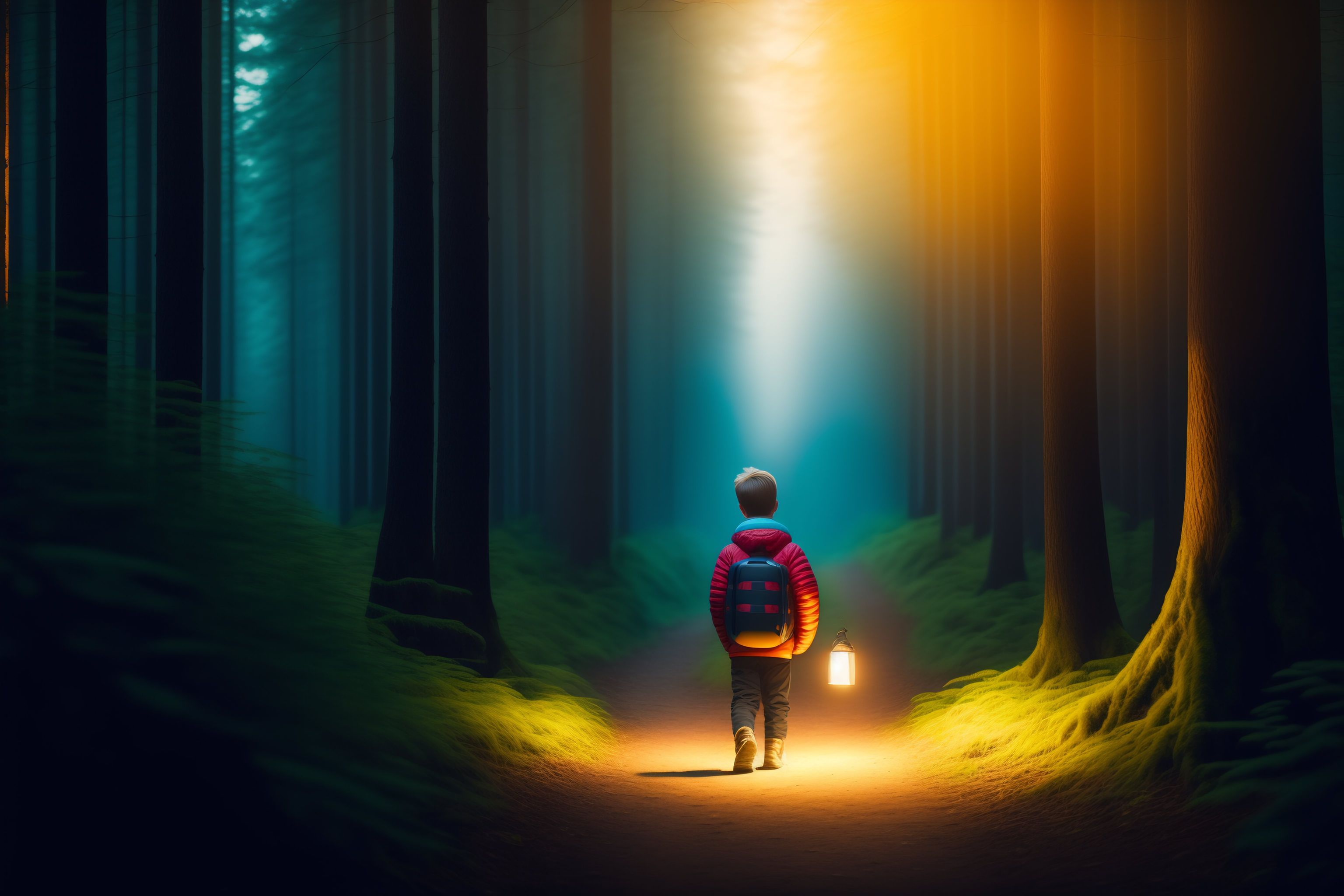 Lexica - A boy holding a lantern walking into a dark forest