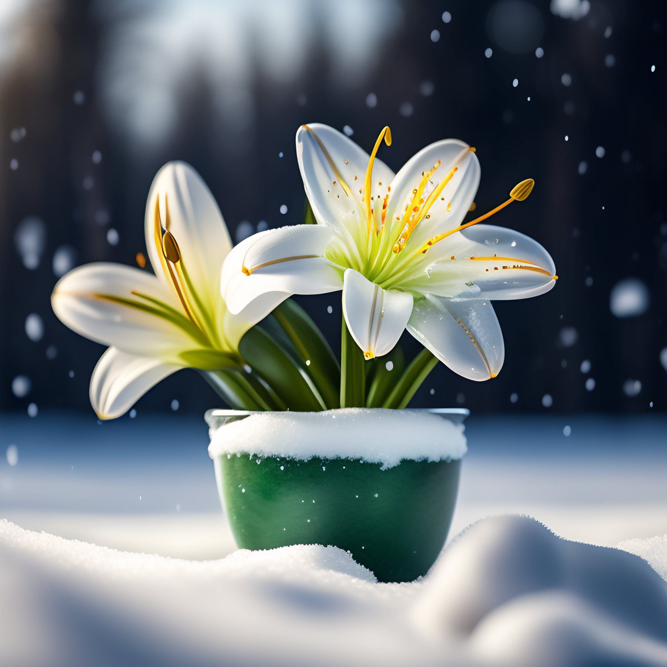 Lexica - Portrait, photography, spring drip, white lilies in the snow ...