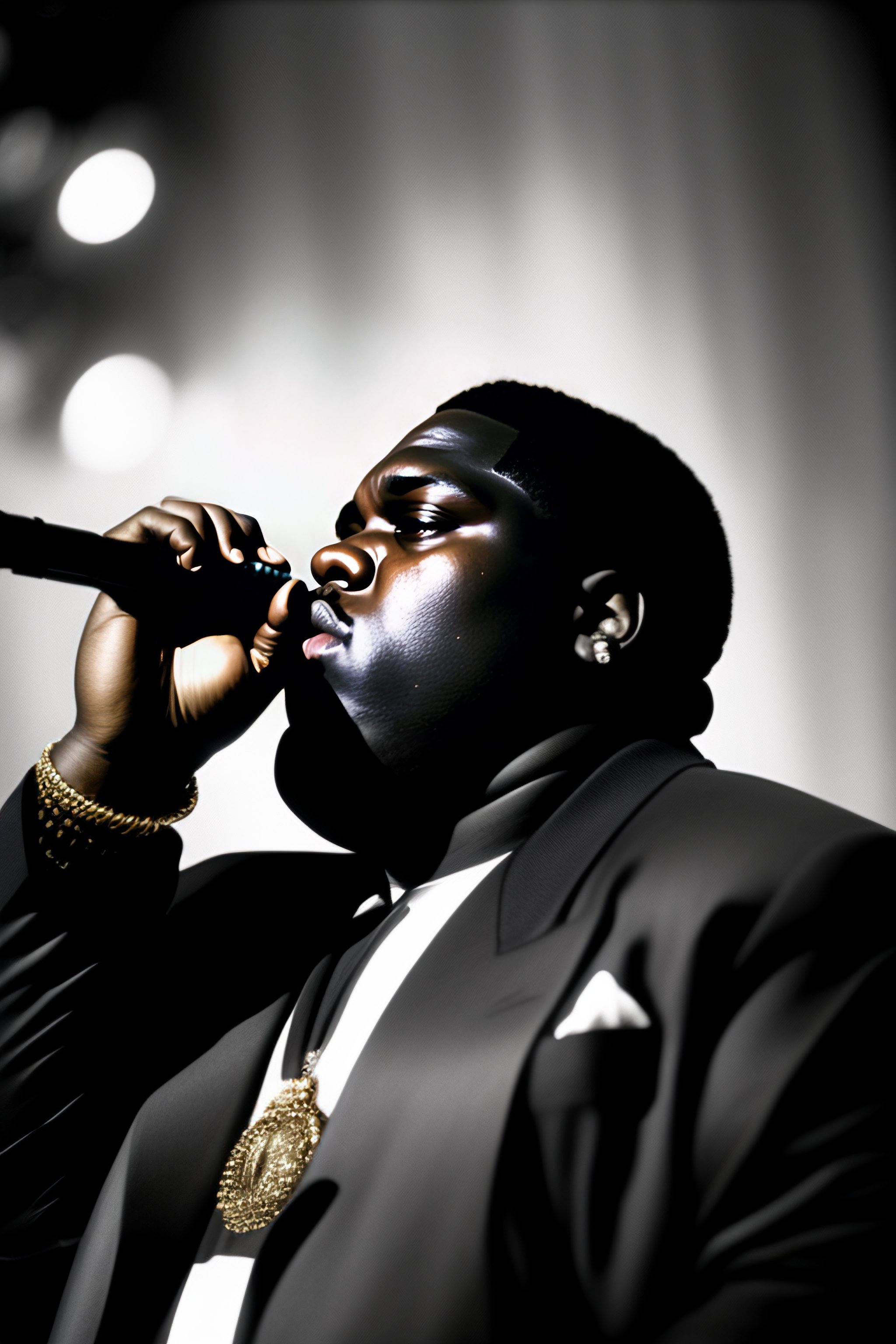 Lexica - Photograph, half body shot, portrait of the notorious b. i. g ...