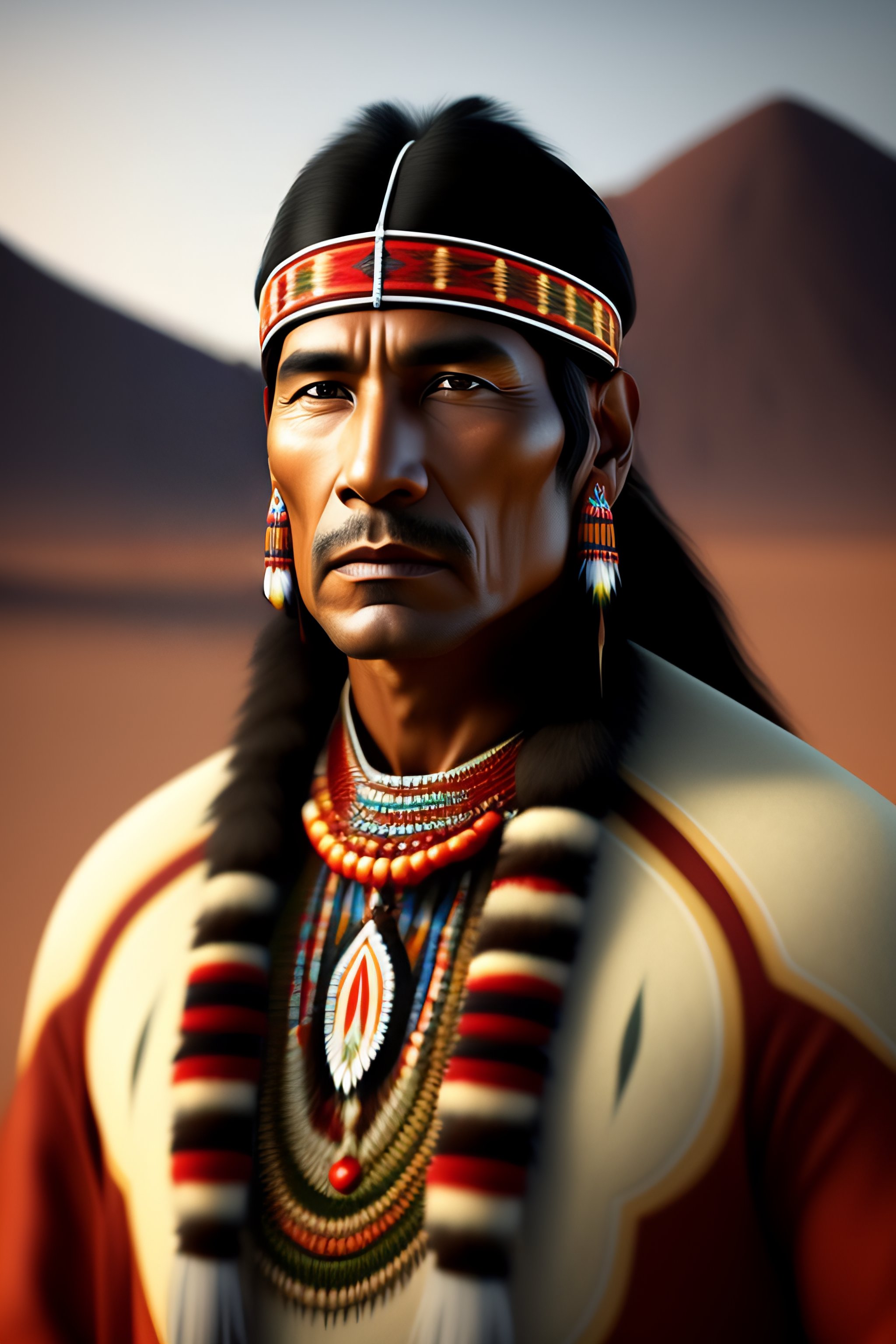 Lexica - Native american man portrait in 3d digital art with tents area ...