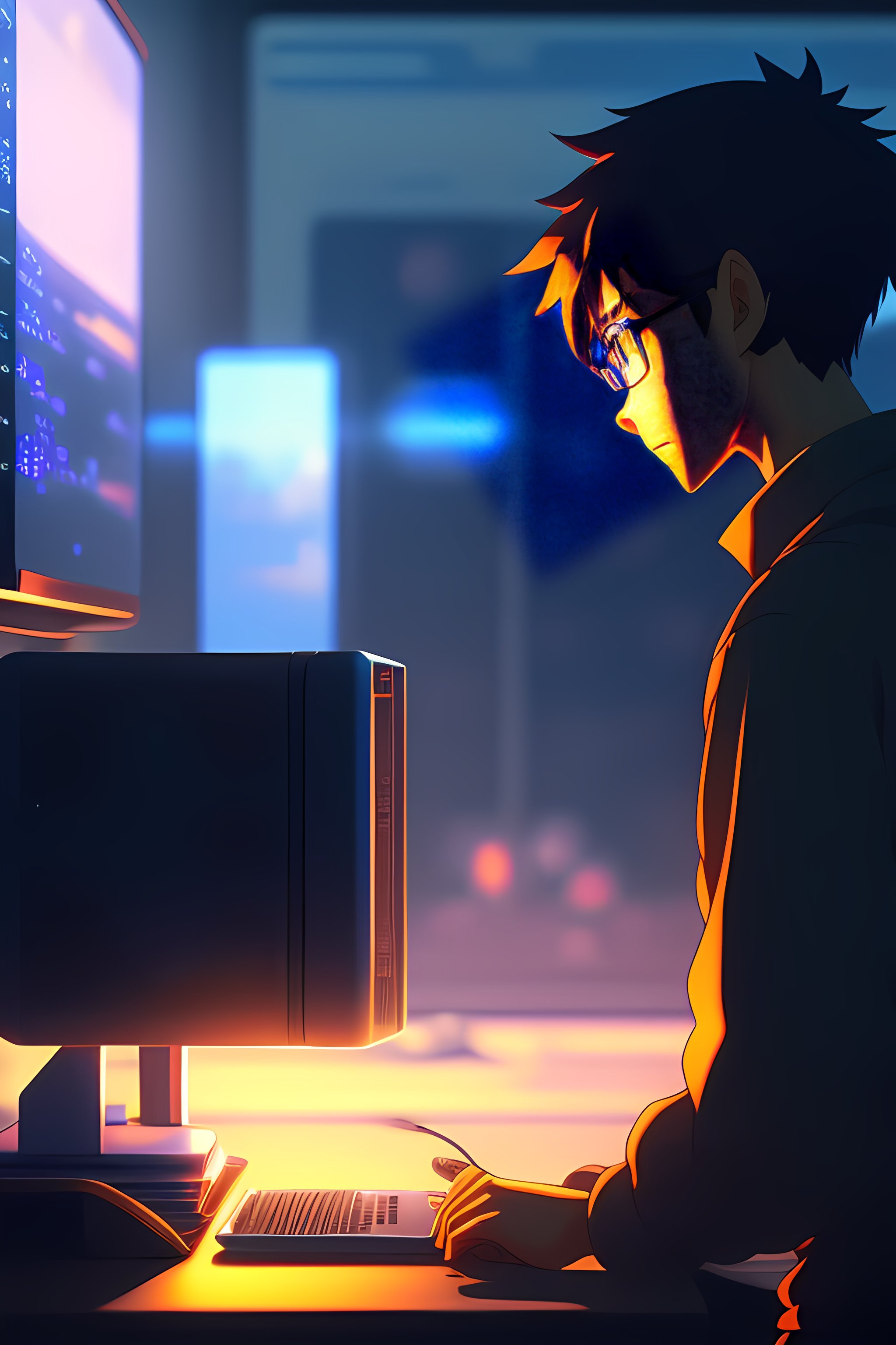 Lexica - 1 nerdy boy is programming at a Apple Mac computer in a room ...