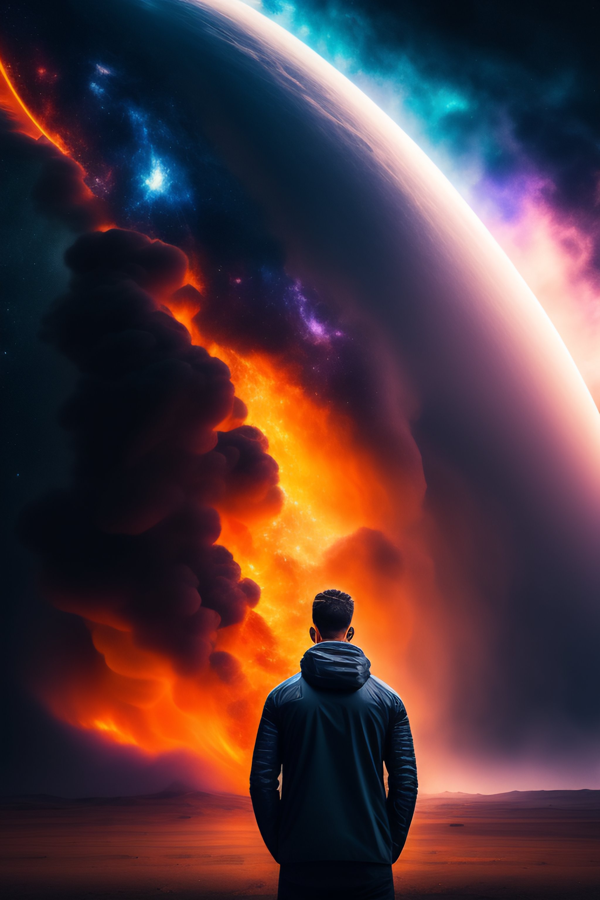 Lexica - A man standing in front of a burning spaceship, 8k, hyper ...