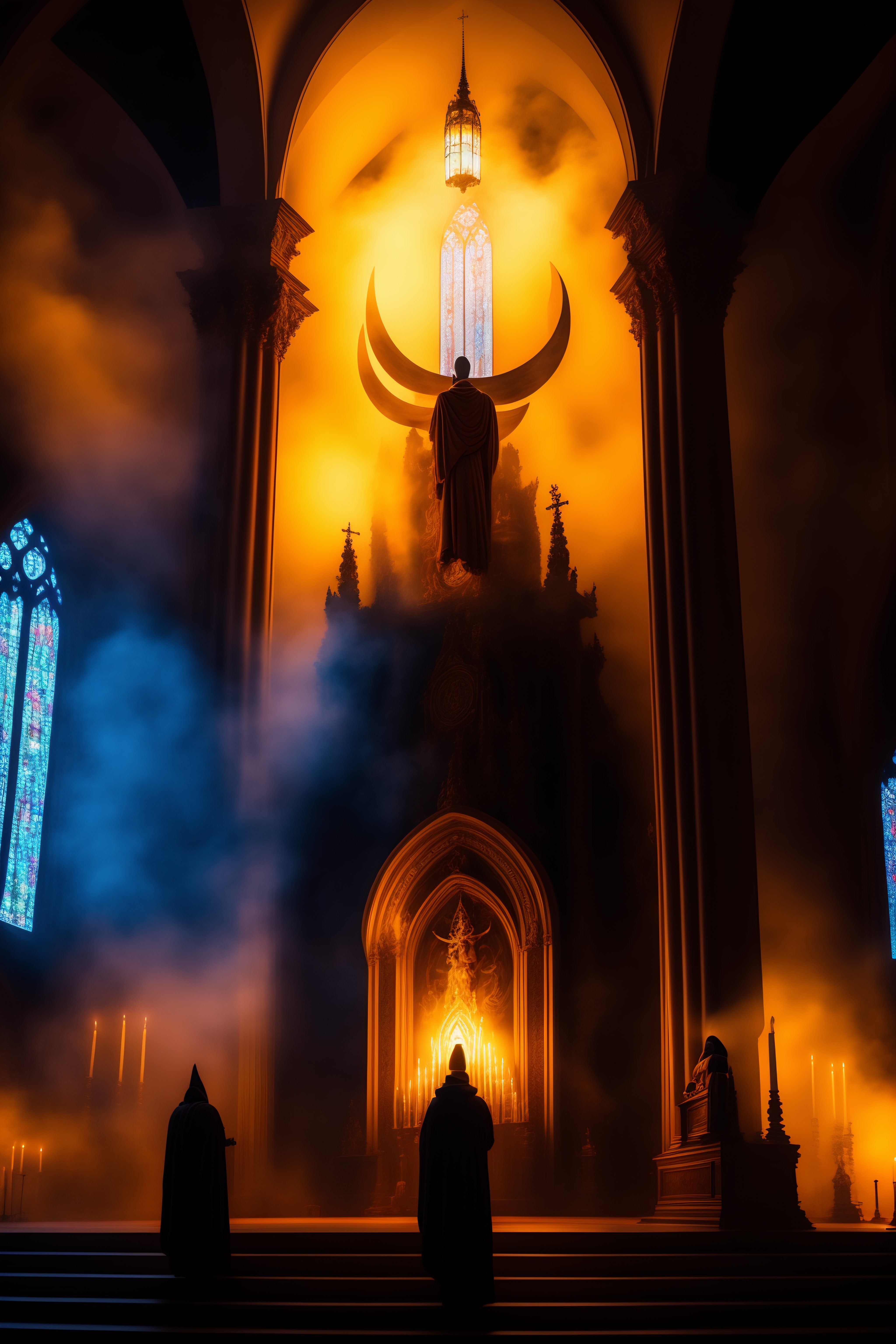 Lexica - Hooded monks offering incense to a huge Baphomet statue in a ...