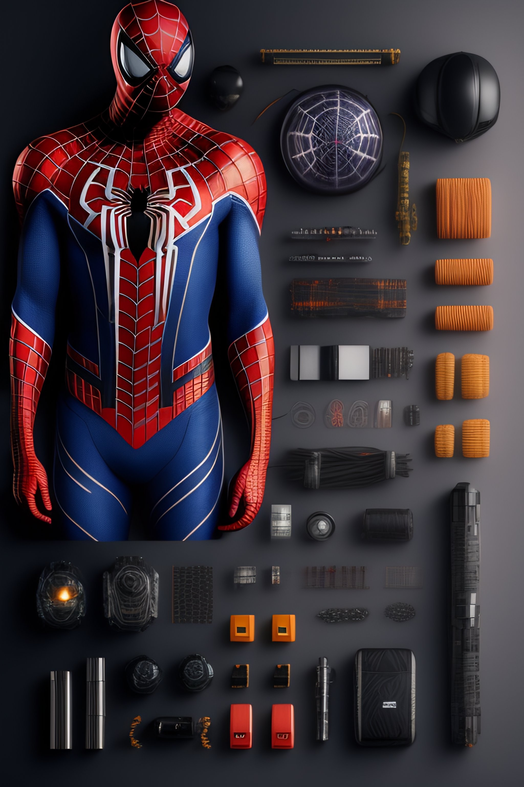 Lexica - Spiderman suit, Costumes and mechanical parts, Knolling ...
