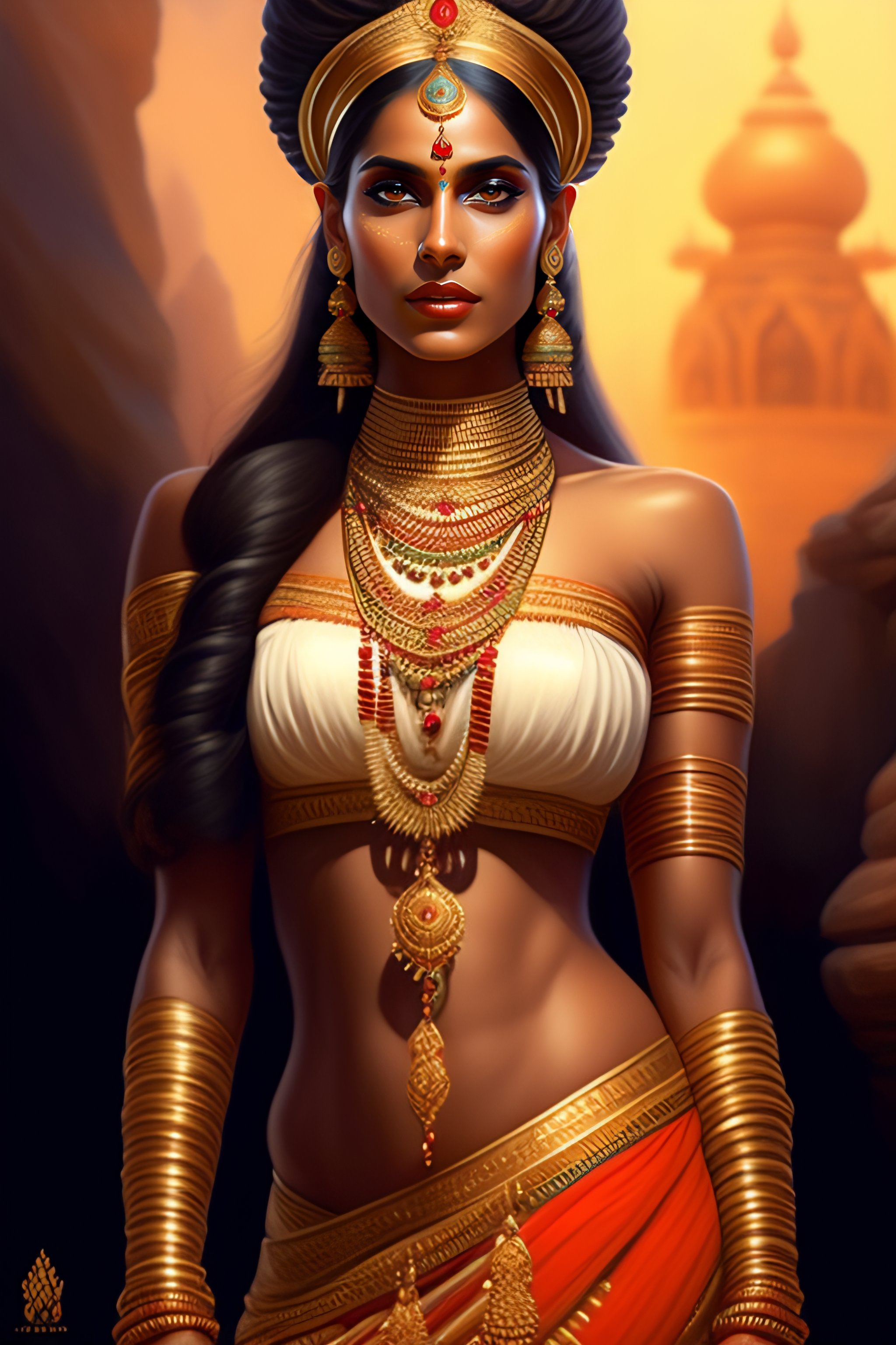 Lexica - Portrait of a thin muscular indian queen , upper body, decorated with hindu aesthetics ...