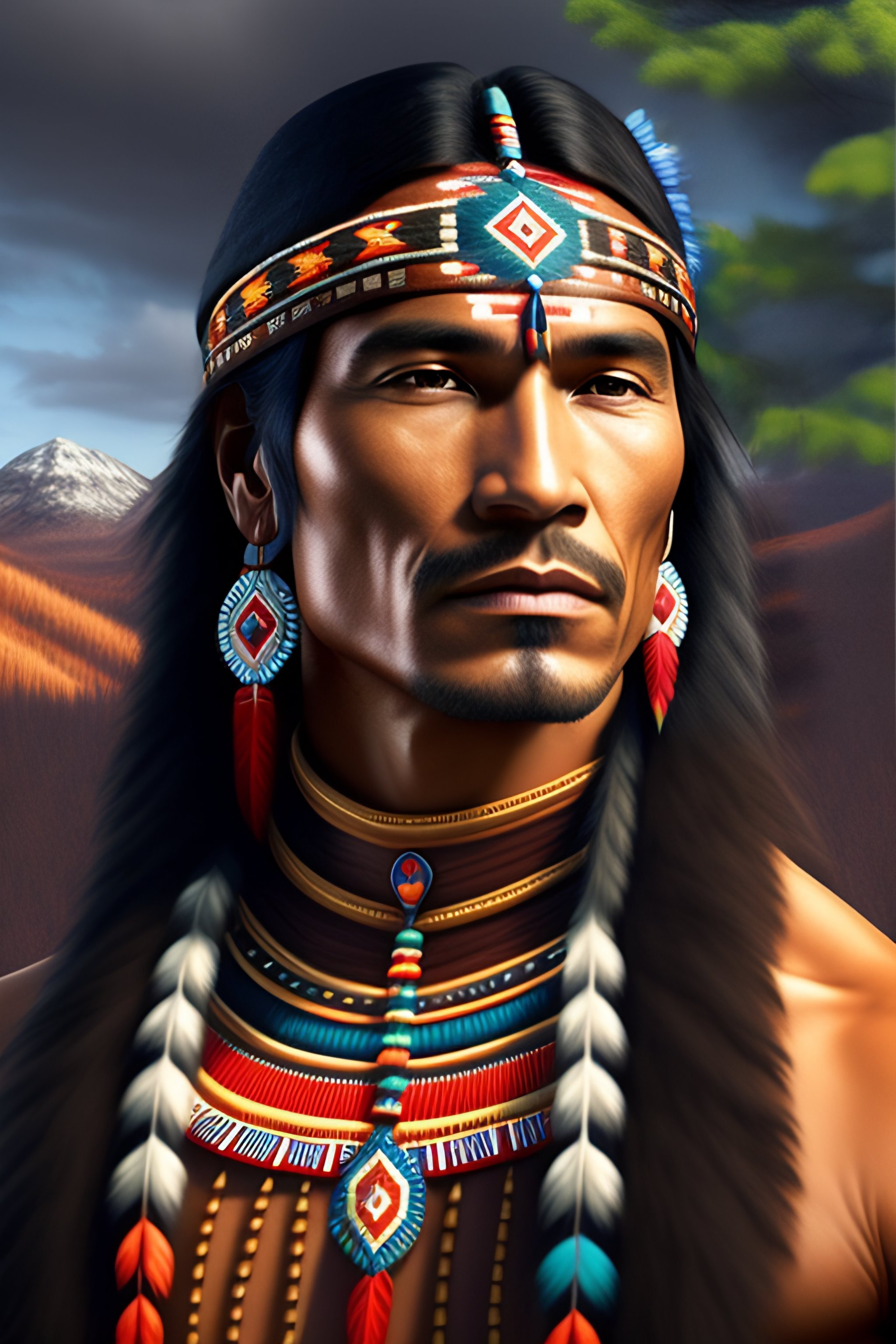 Lexica - Native american man portrait in 3d digital art with trees in ...