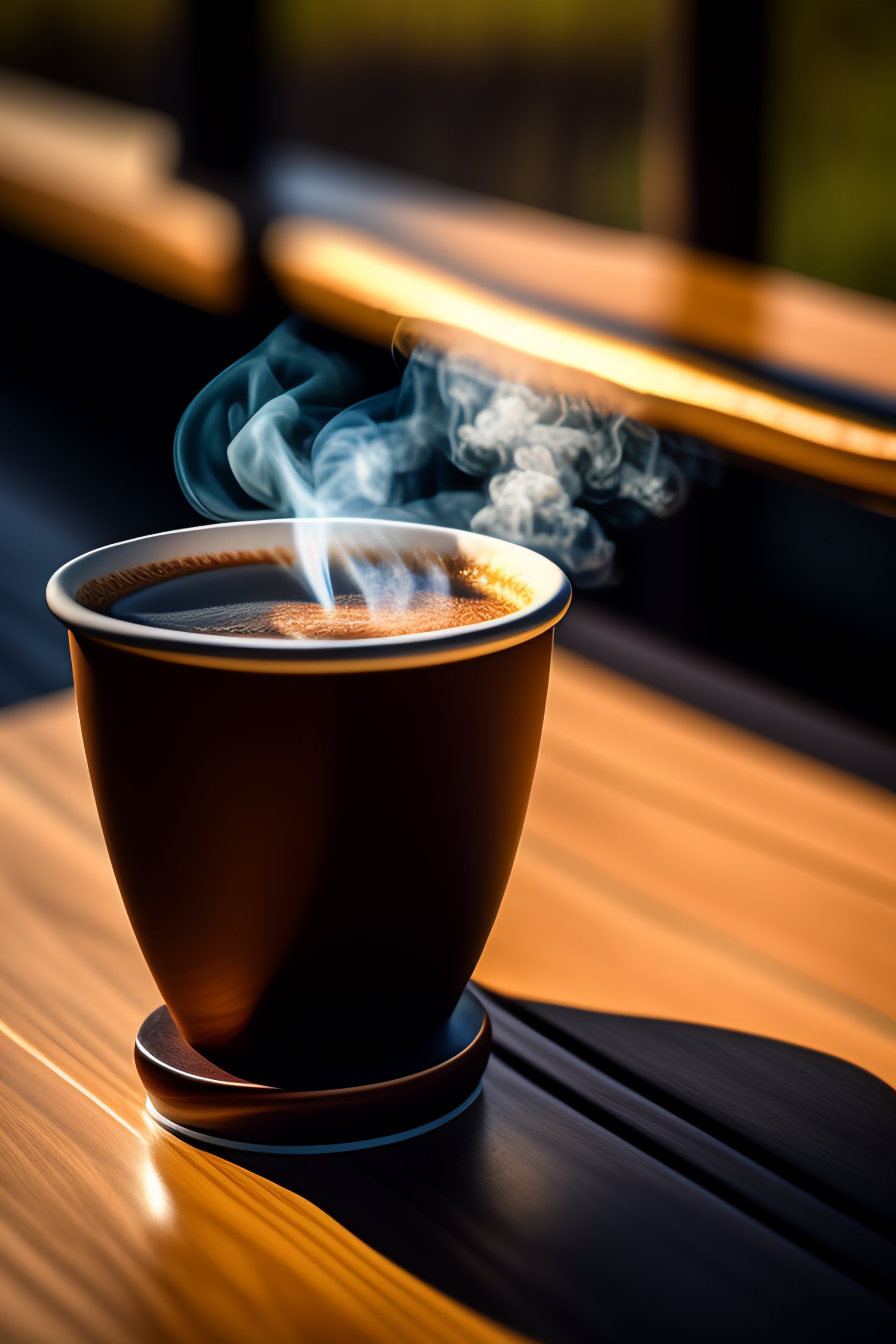 Lexica - This photograph shows a cup of hot coffee on a wooden table in ...