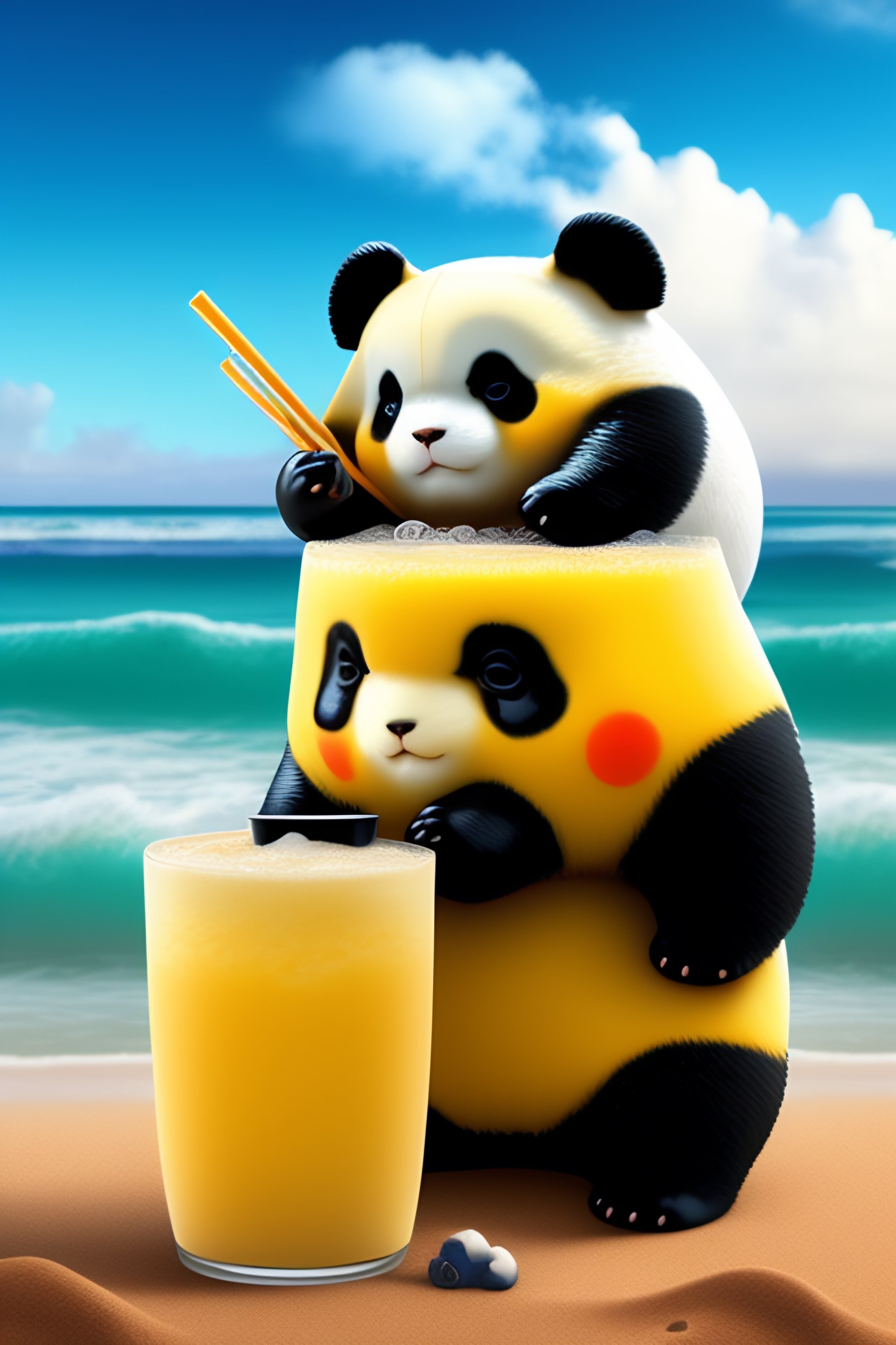 Lexica - Pikachu drinking bubble tea with a cute giant panda on a beach ...