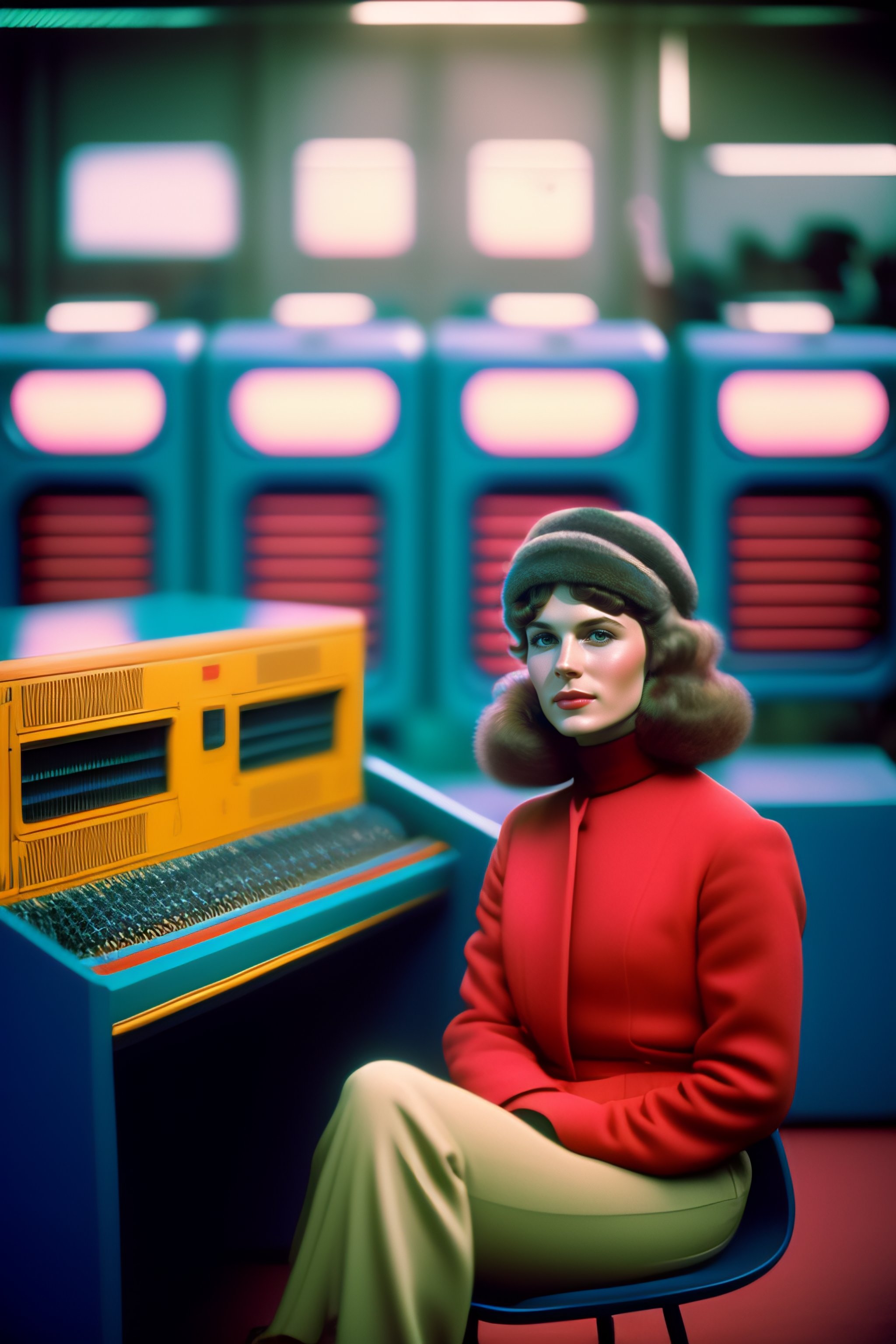 Lexica - A Soviet girl sitting in a chair in front of a colorful soviet ...