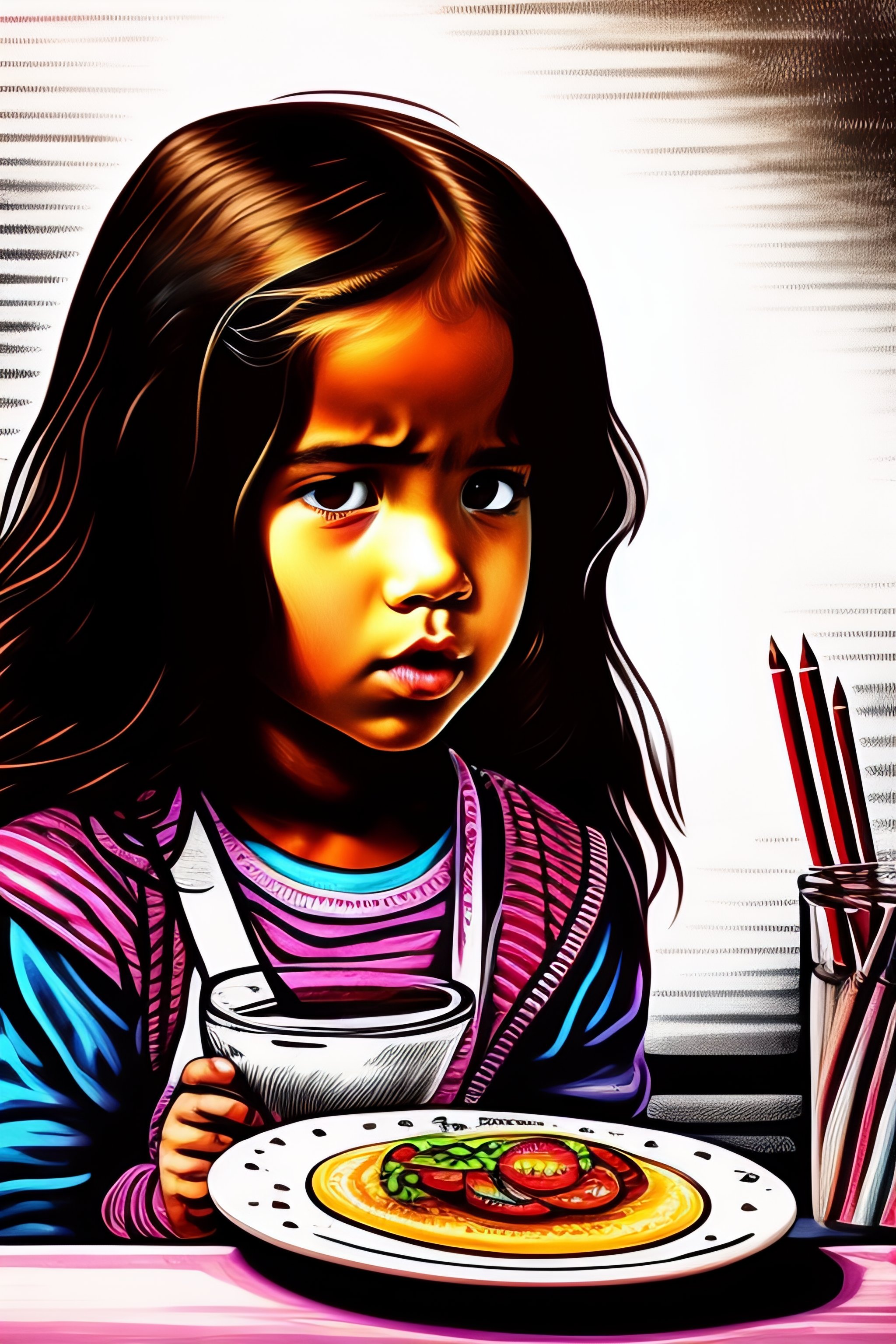 Lexica - Cartoon style hand drawn of young poor girl who is hungry