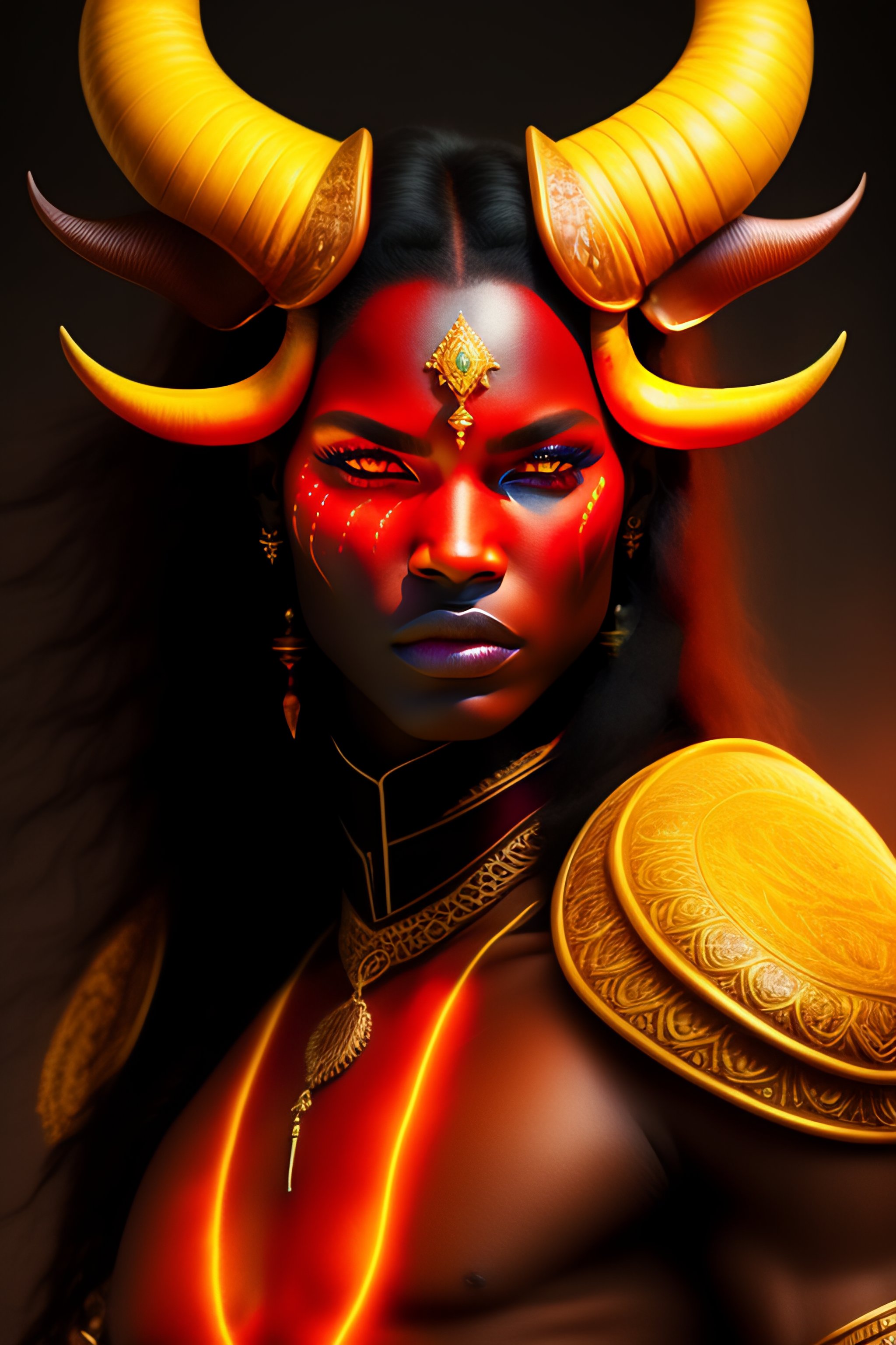 Lexica - Yellow eyes, red skin, ram horns, demon tail