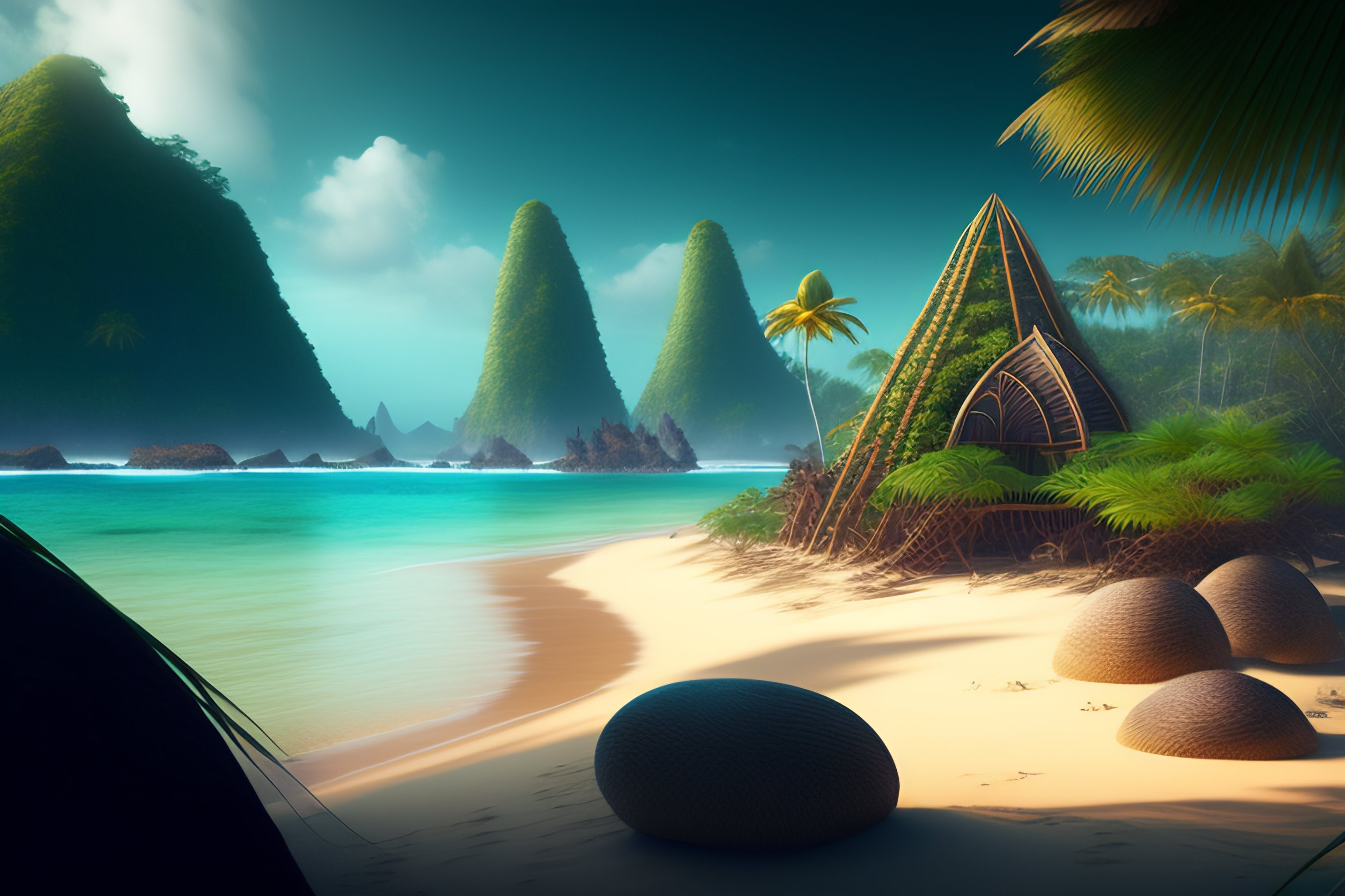 Lexica - Giant elven amerindian hut bamboo on tropical island beach ...