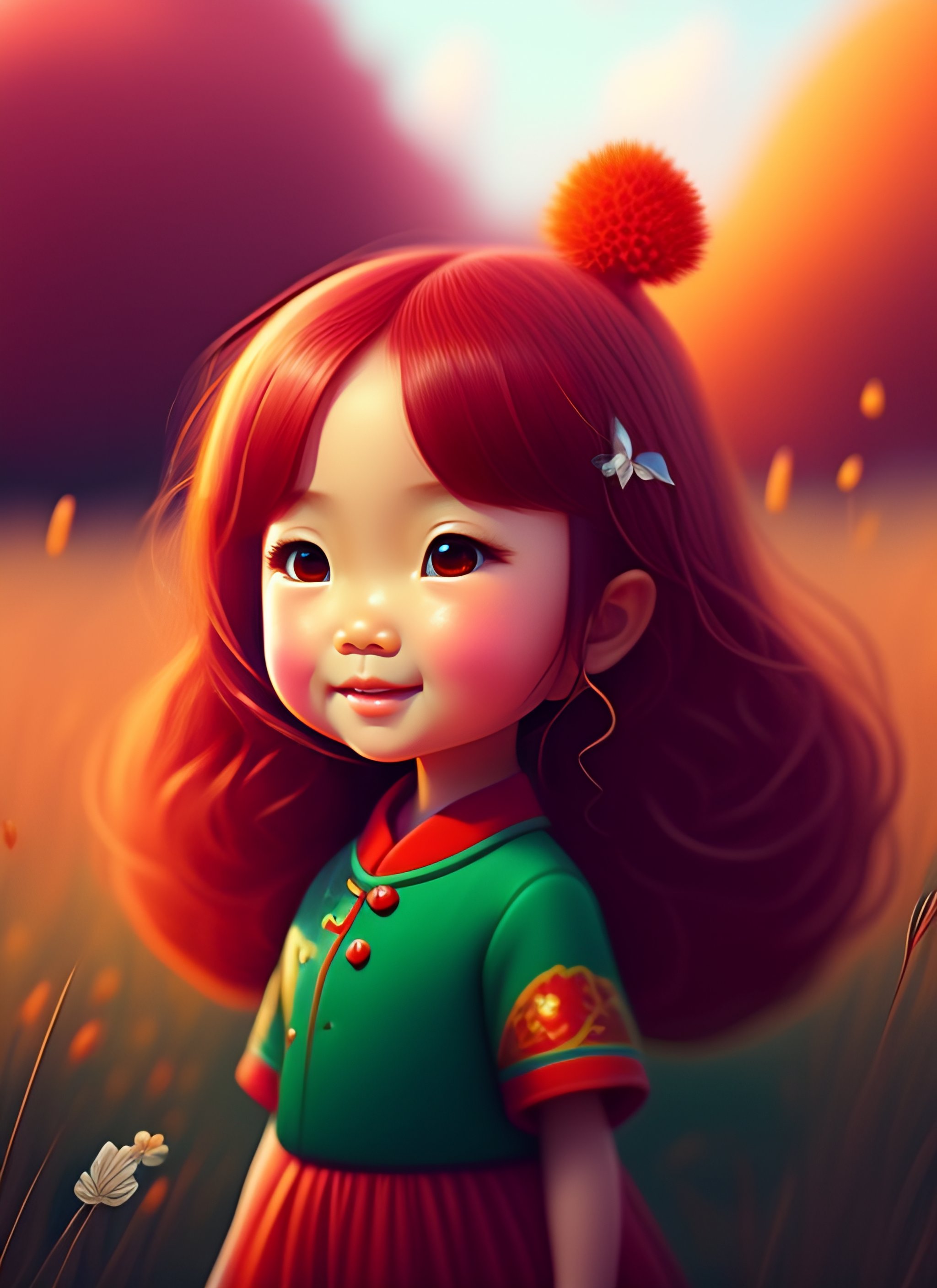 Lexica - View of gorgeous meadow with 2 year old lhappy girl in red ...