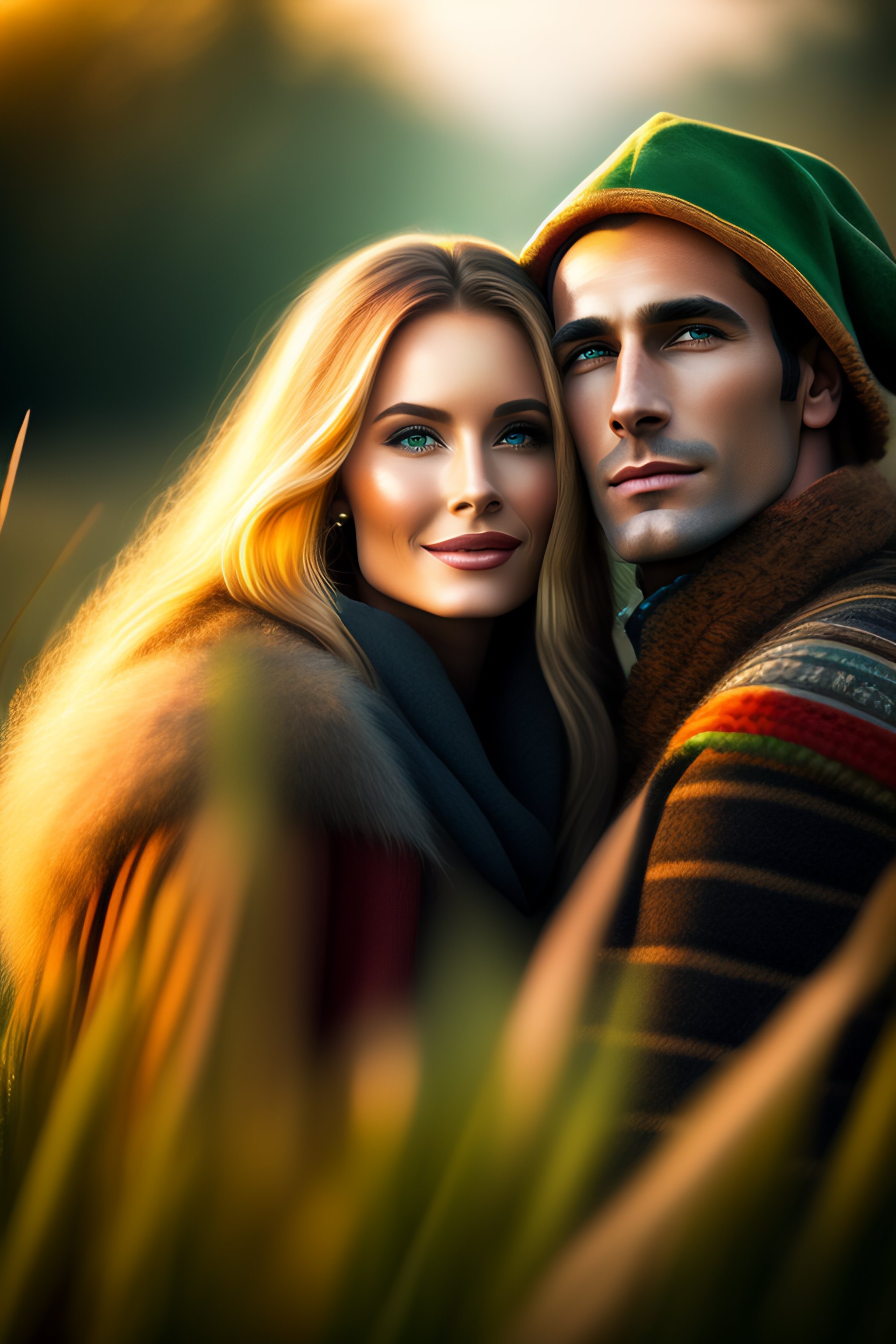 Lexica - Realistic photo, two elves hugging in tall grass