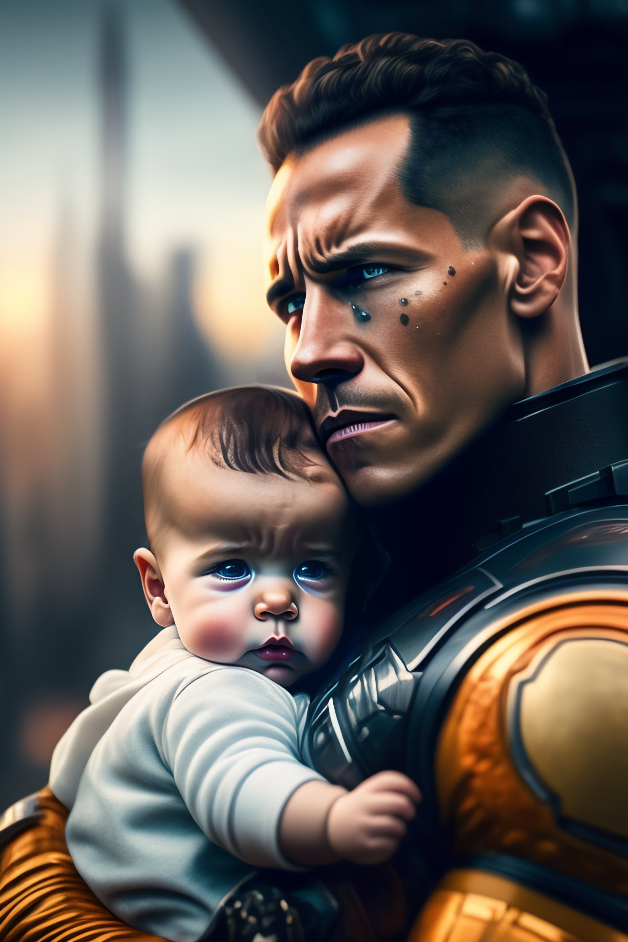 Lexica - A cyborg holding a crying baby, Bellinski