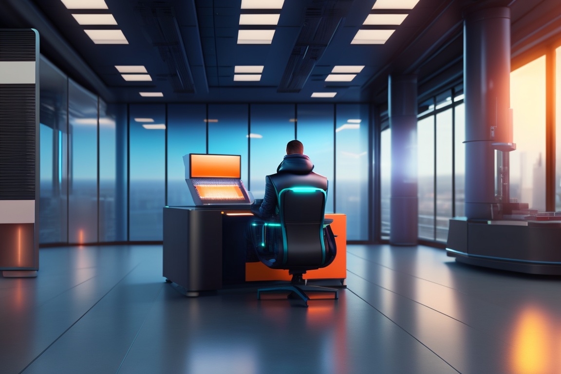 Lexica - Futuristic hacker computer station, with hacker sitting, rear ...