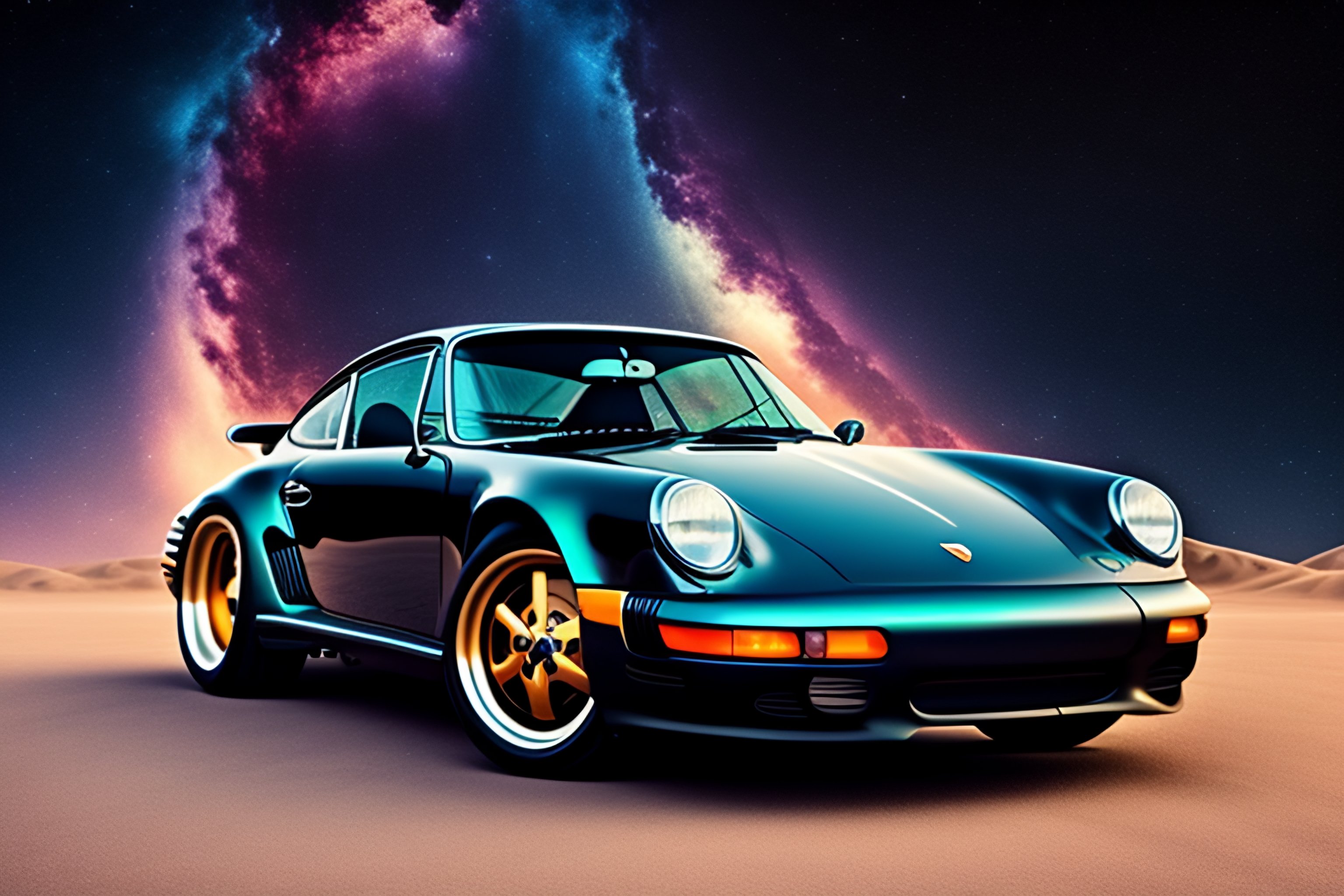 Lexica - Porsche car is driven in infinite galaxy around millions of stars