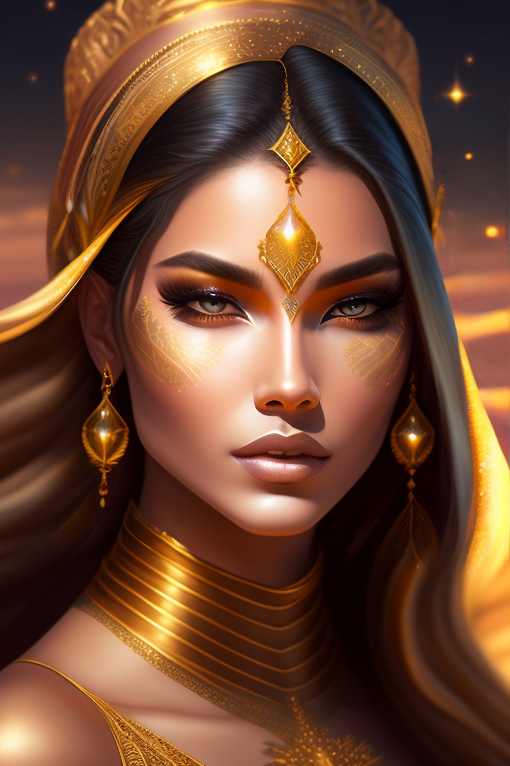 Lexica - Beautiful cinematic female sand goddess cat face, golden dress ...